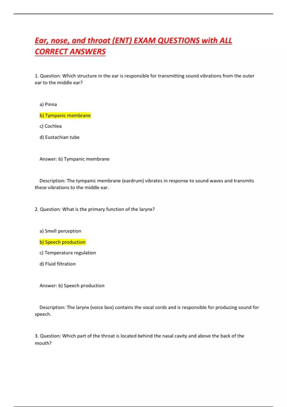 Ear, nose, and throat (ENT) EXAM QUESTIONS with ALL CORRECT ANSWERS ...