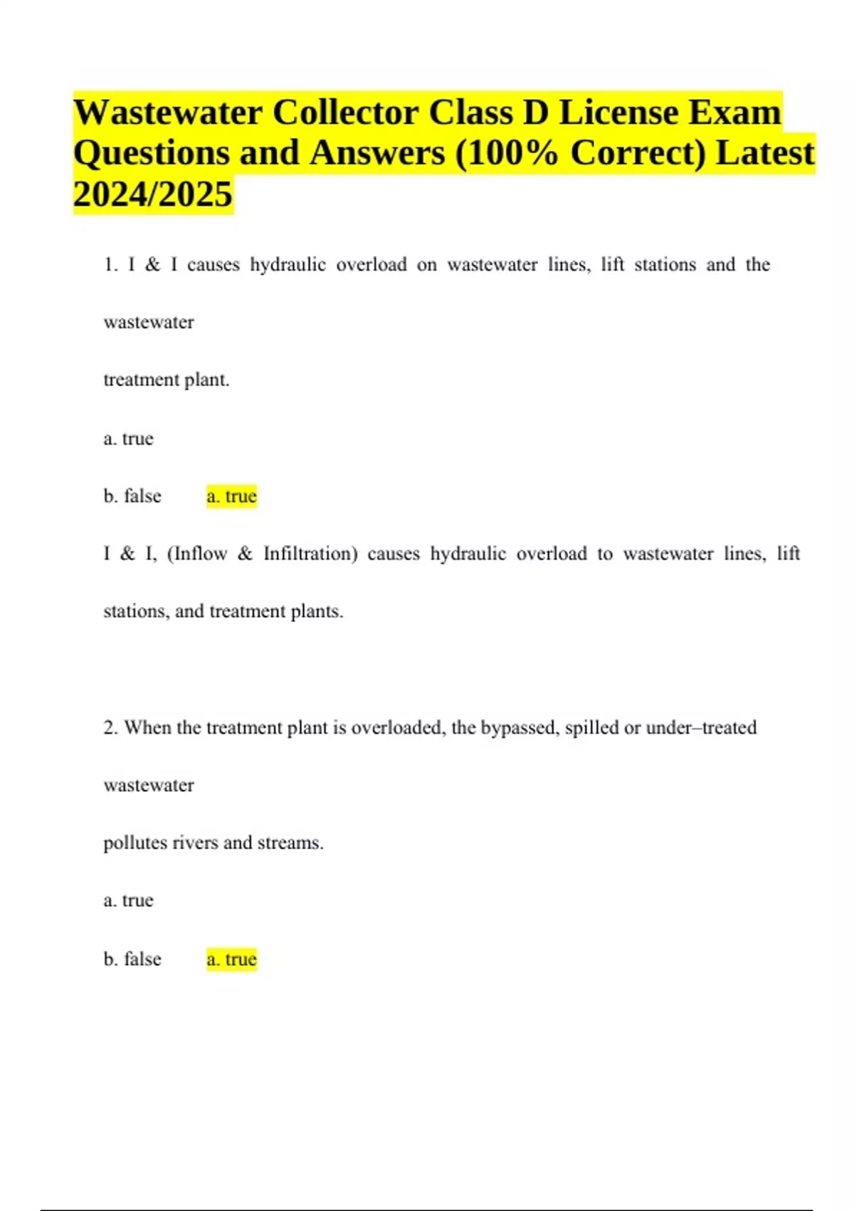 Wastewater Collector Class D License Exam Questions and Answers (100% ...