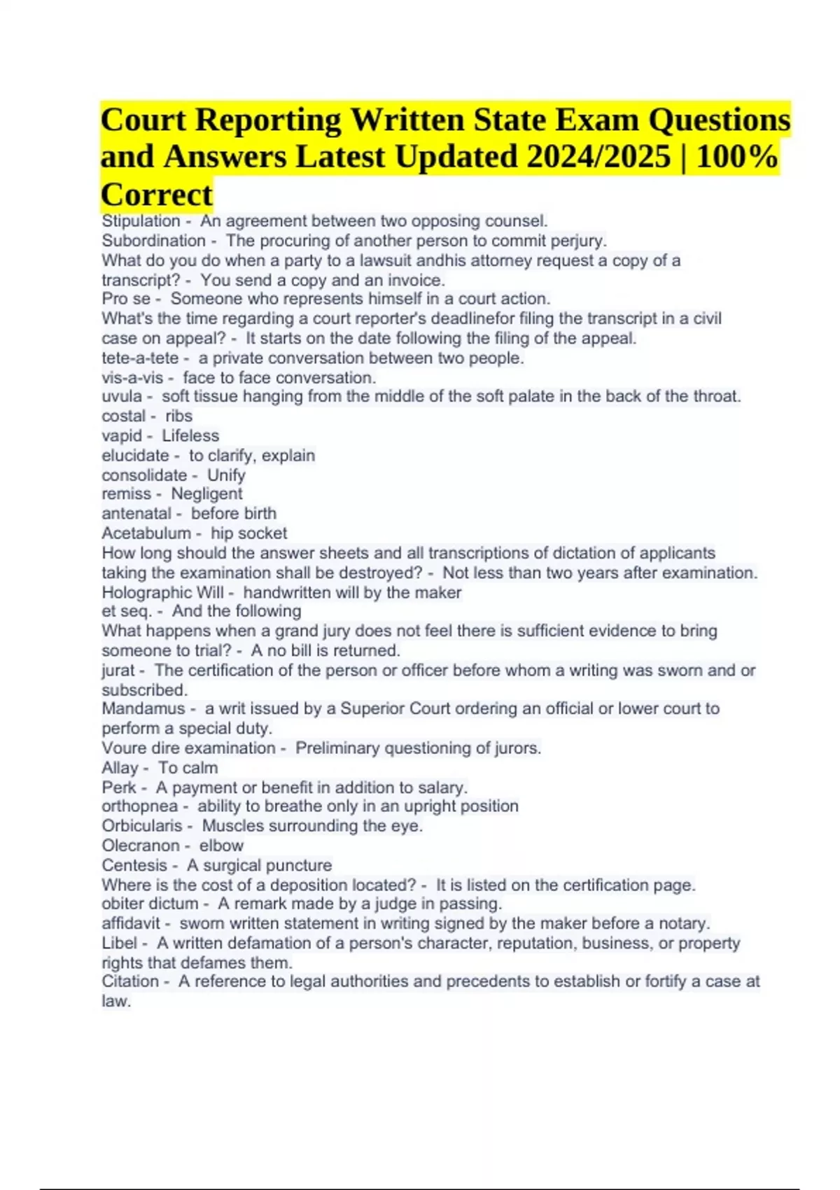 Court Reporting Written State Exam Questions and Answers Latest Updated ...
