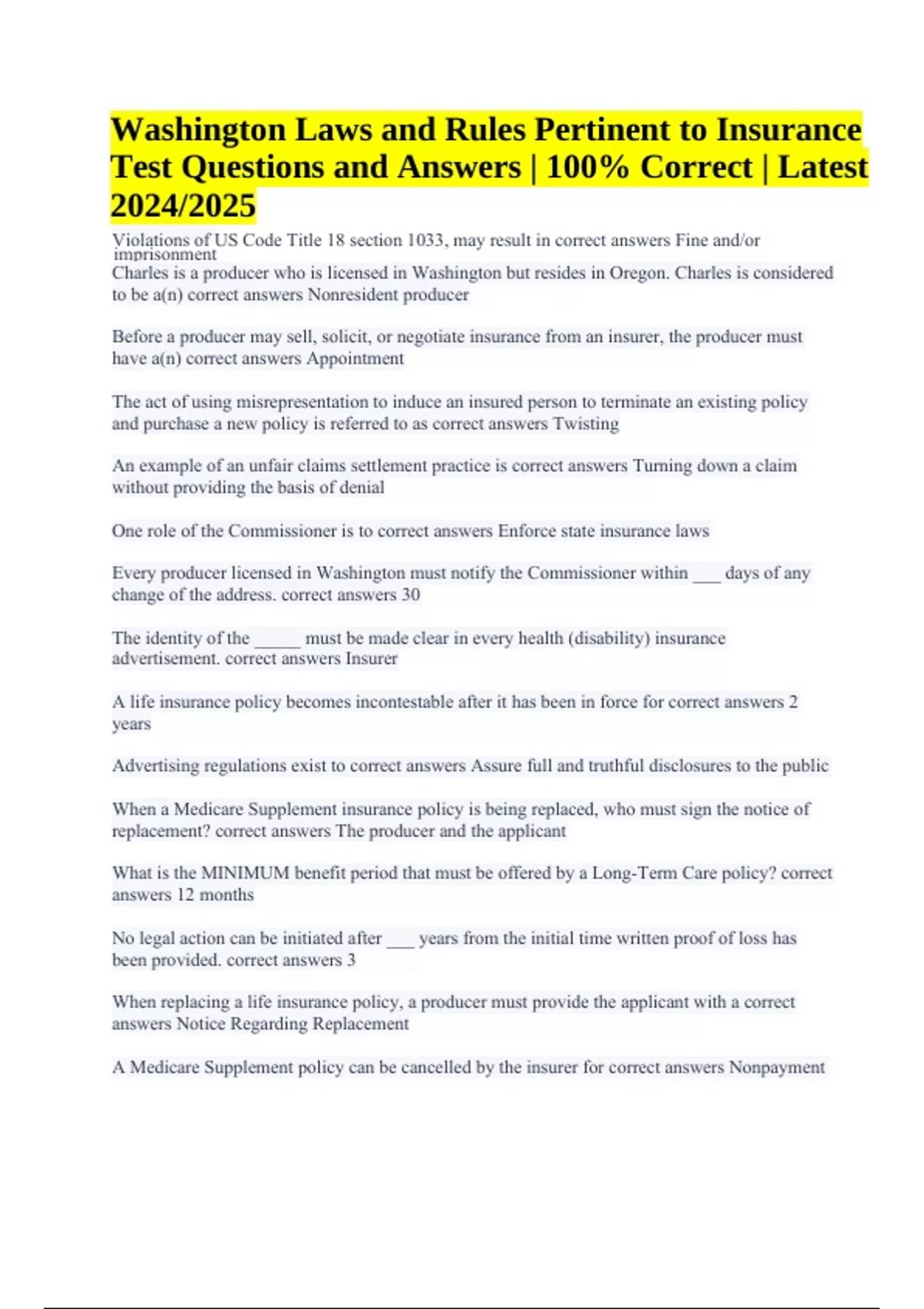 Washington Laws and Rules Pertinent to Insurance Test Questions and ...