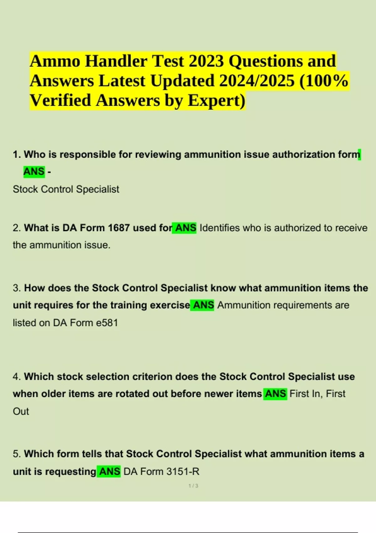 Ammo Handler Test 2023 Questions and Answers Latest Updated 2024/2025 ...