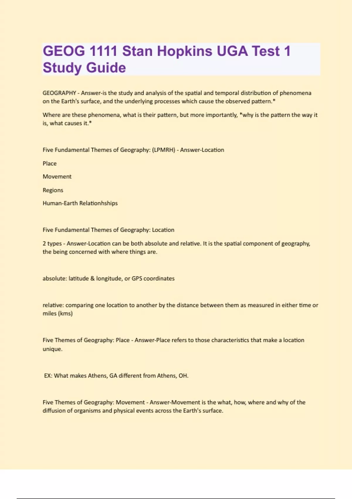 GEOG 1111 Stan Hopkins UGA Test 1 Study Guide With Questions With ...