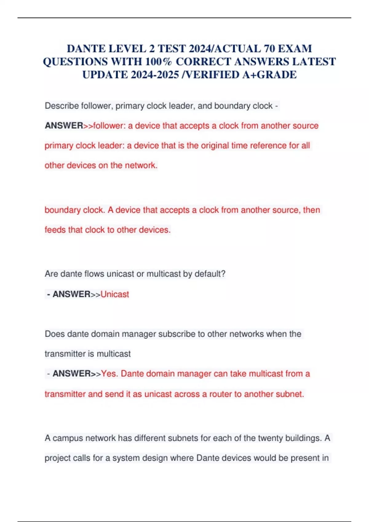 DANTE LEVEL 2 TEST 2024/ACTUAL 70 EXAM QUESTIONS WITH 100% CORRECT ...