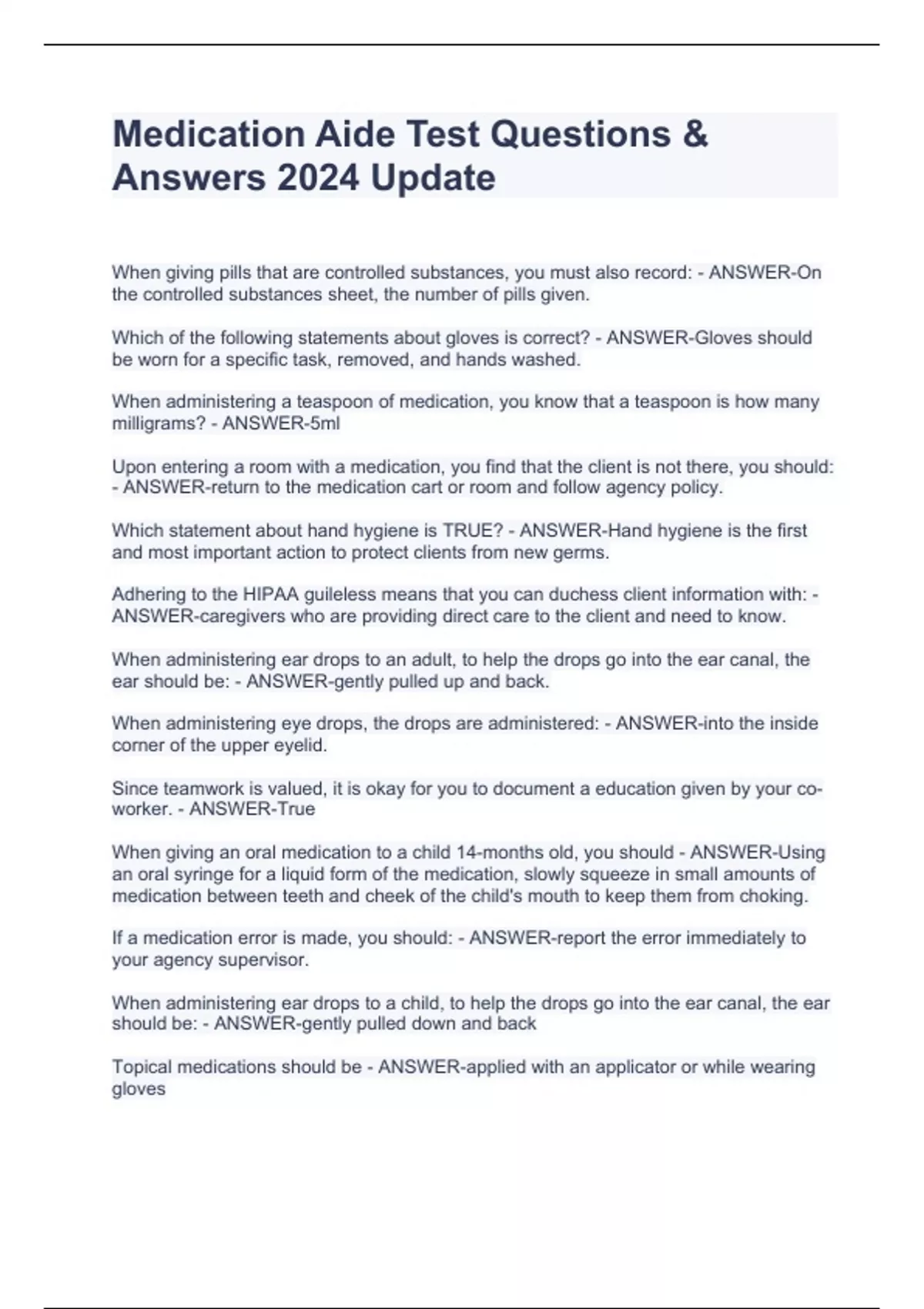 Medication Aide Test Questions & Answers 2024 Update - Medication Aide ...