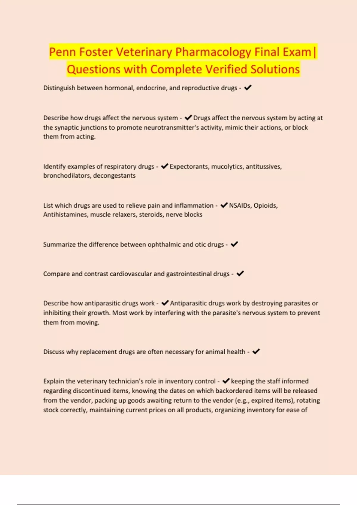 Penn Foster Veterinary Pharmacology Final Exam| Questions with Complete ...