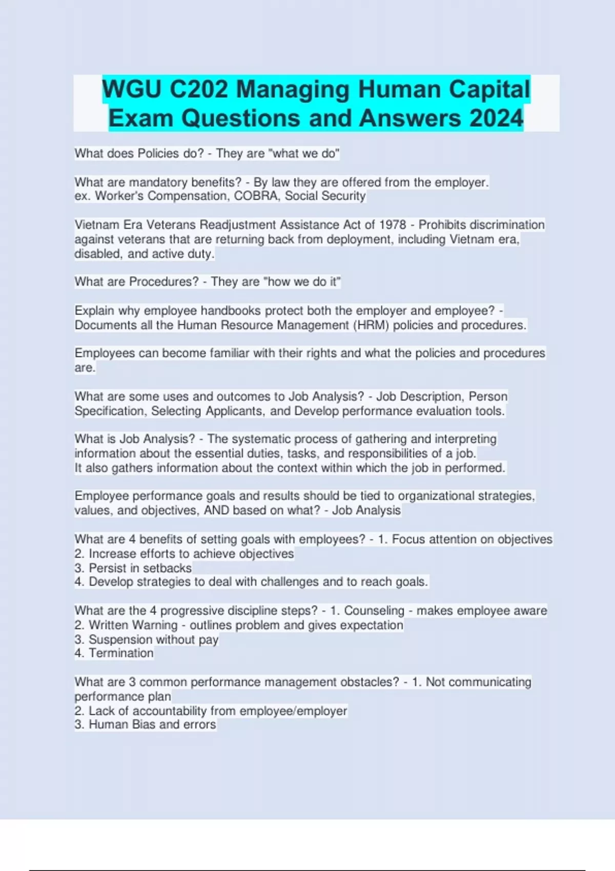 WGU C202 Managing Human Capital Exam Questions and Answers 2024 - WGU C202 - Stuvia US