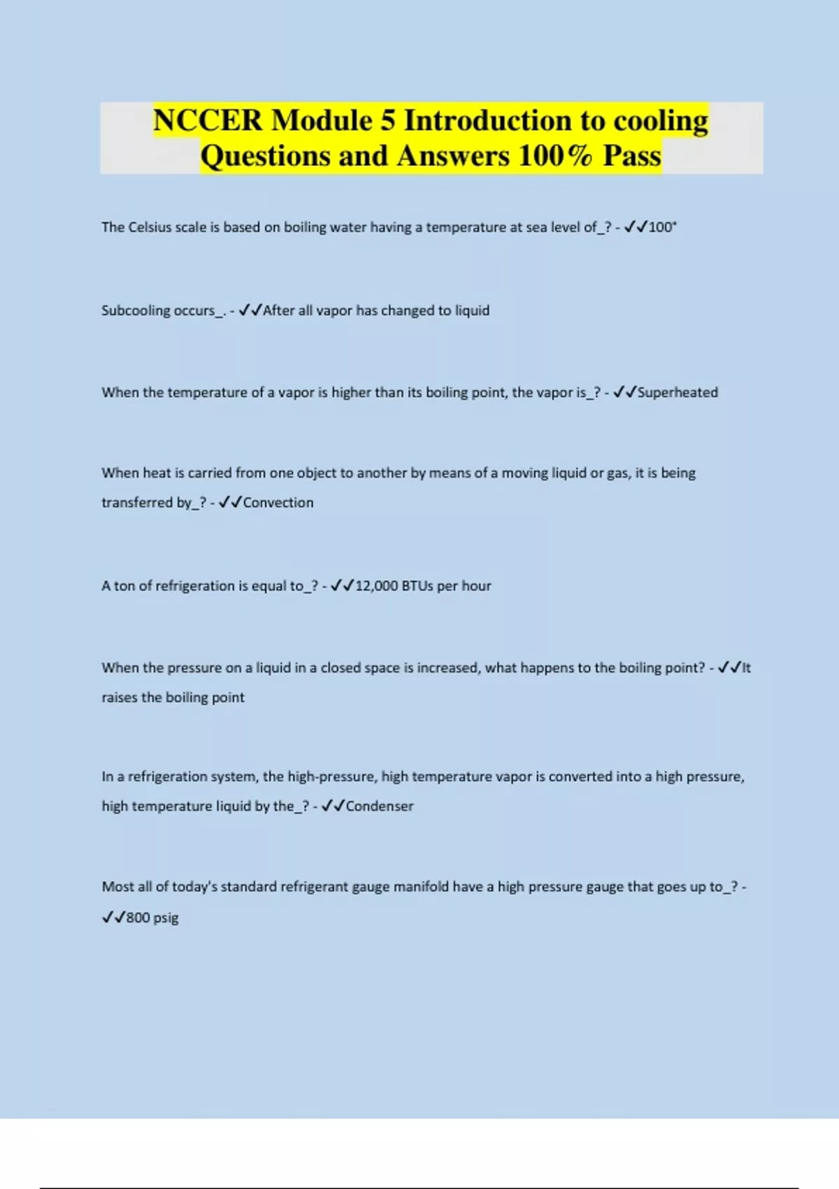 NCCER Module 5 Introduction to cooling Questions and Answers 100% Pass - NCCER Module 5 ...