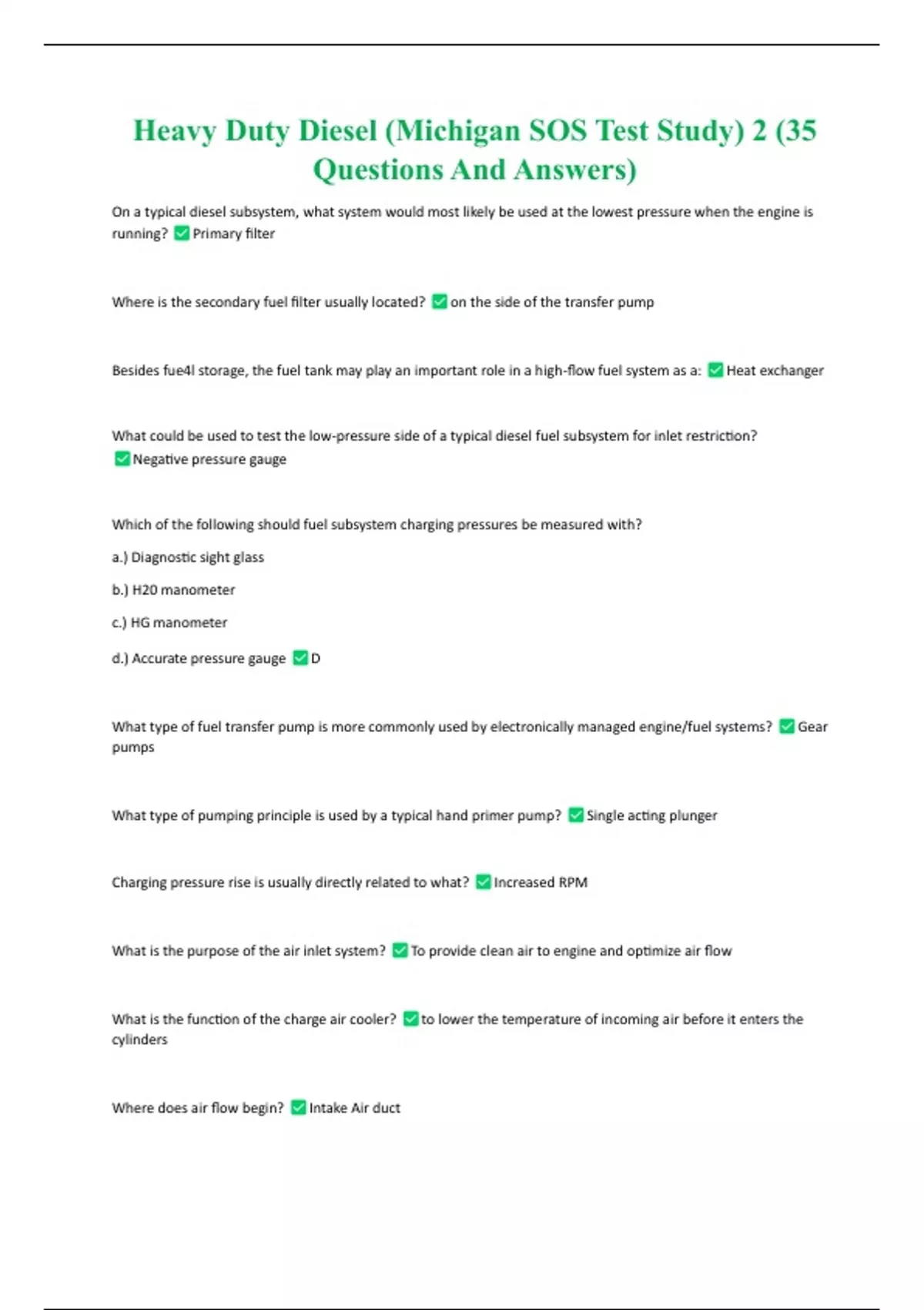 Heavy Duty Diesel (Michigan SOS Test Study) 2 (35 Questions And Answers ...