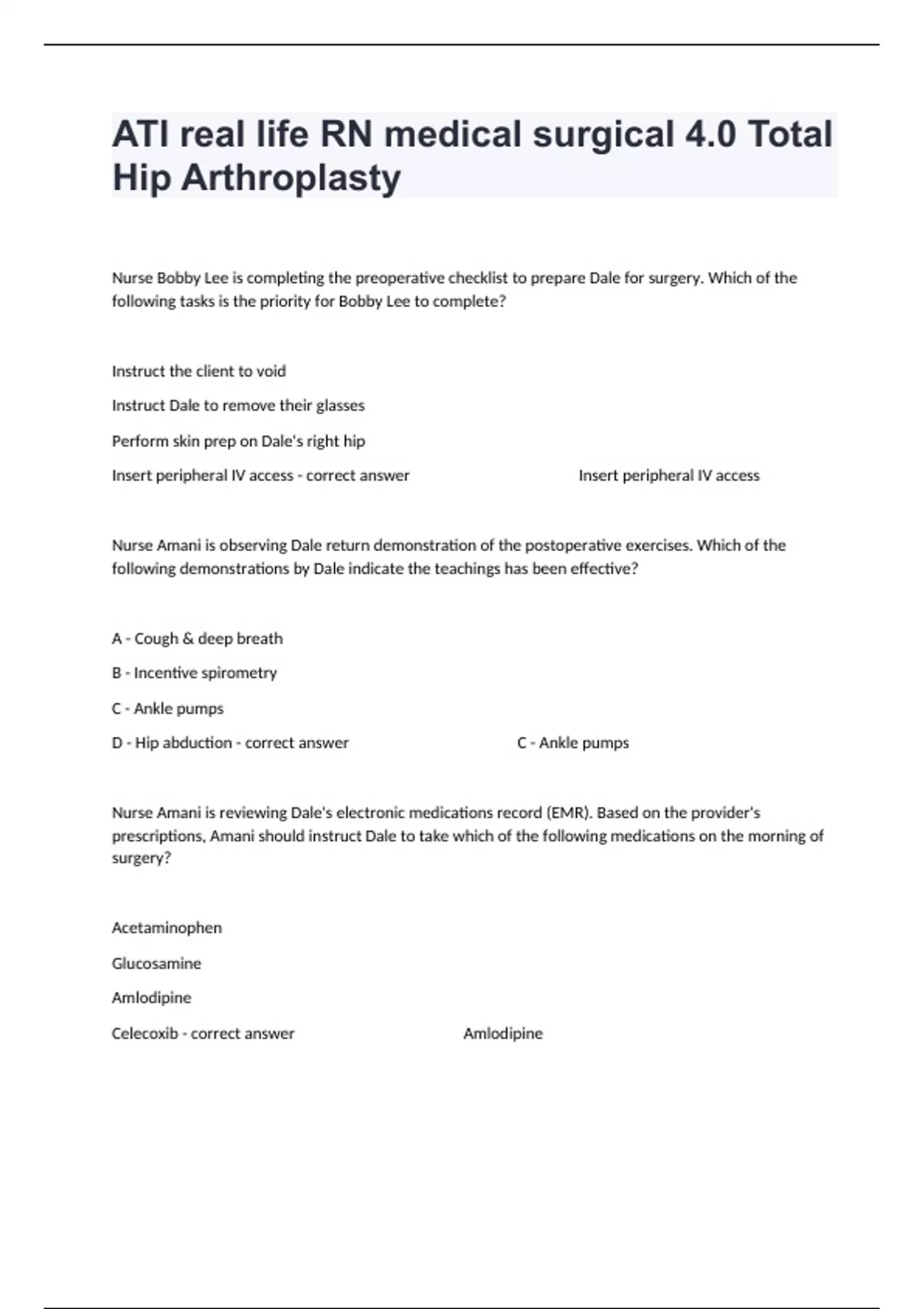 ATI real life RN medical surgical 4.0 Total Hip Arthroplasty Real Exam With Simplified Questions ...