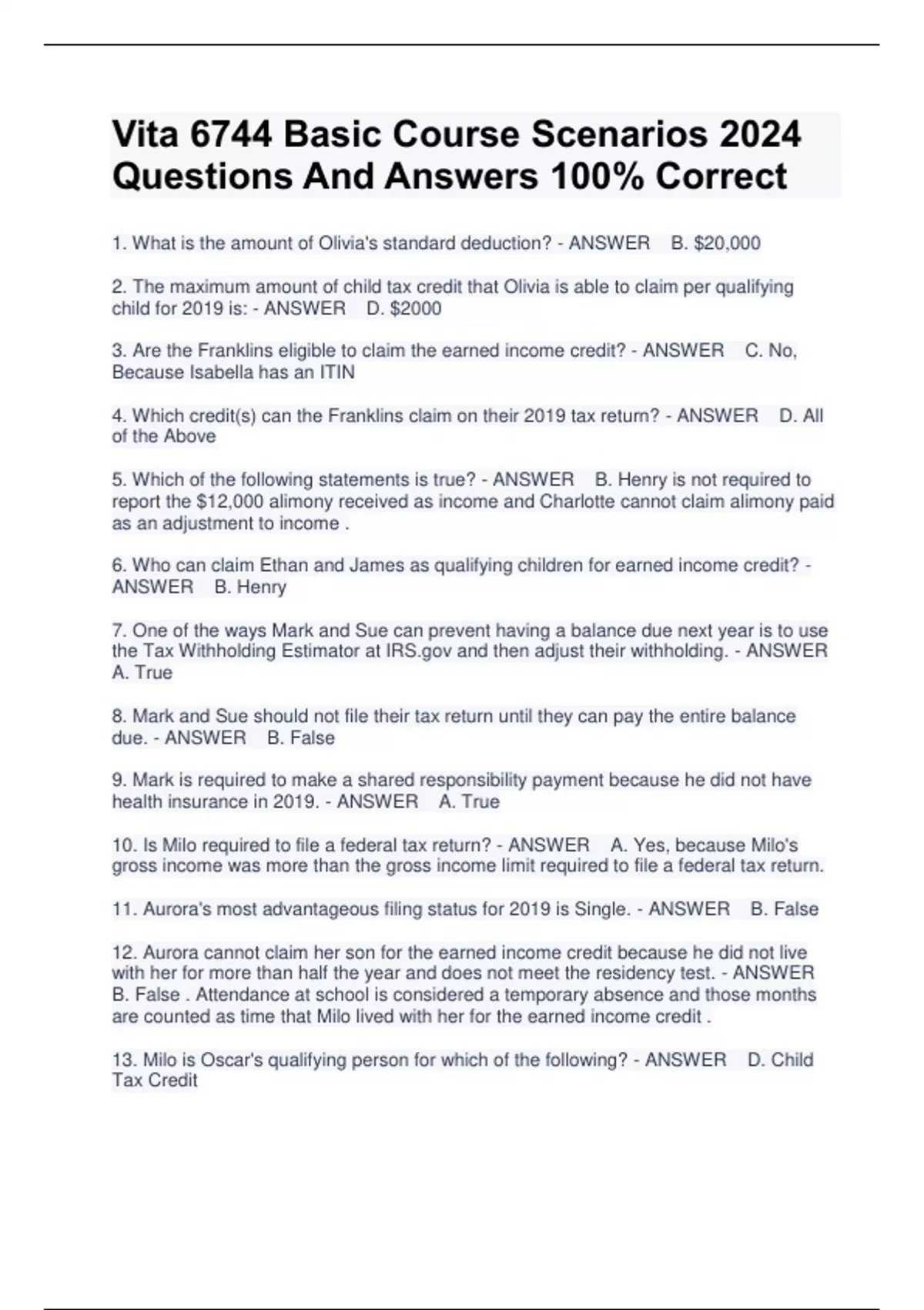 Vita 6744 Basic Course Scenarios 2024 Questions And Answers 100% Verified - Vita - Stuvia US