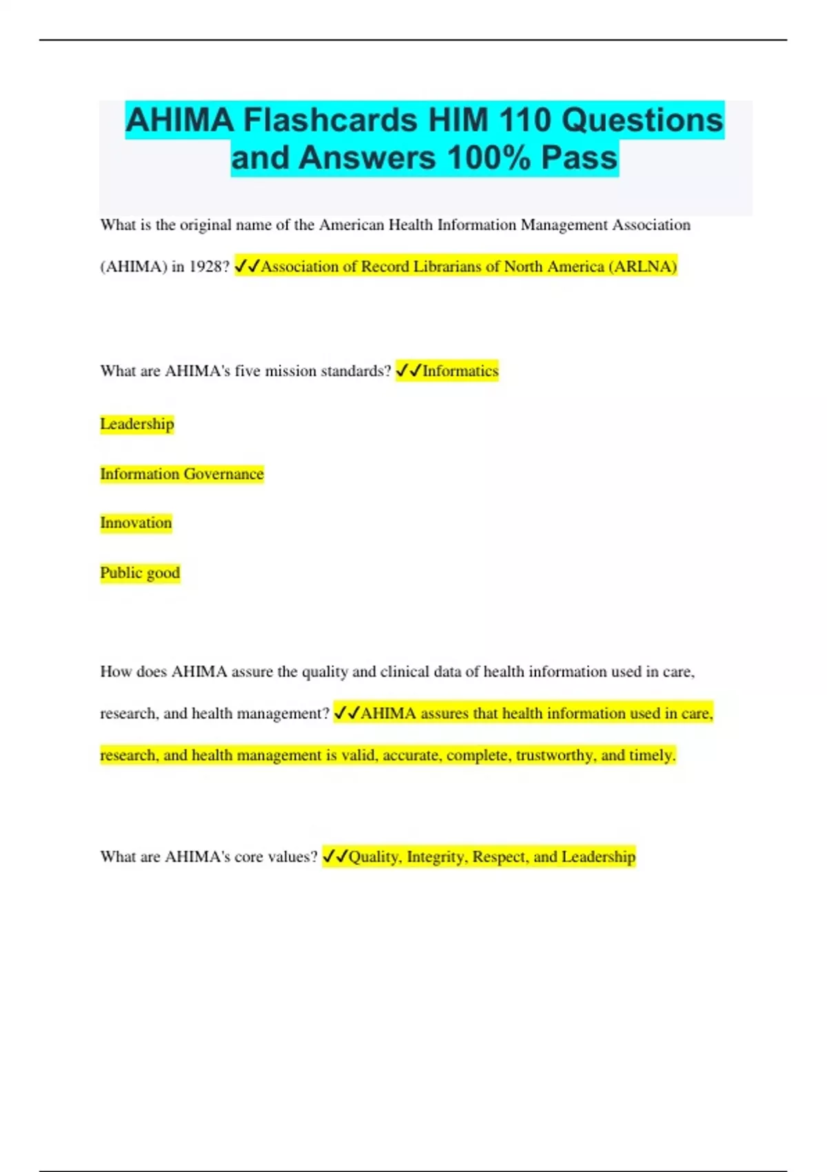 AHIMA Flashcards HIM 110 Questions and Answers 100% Pass - AHIMA ...