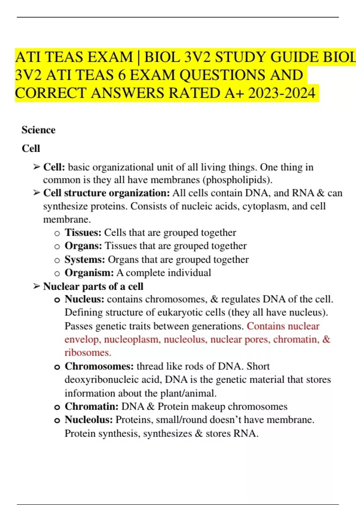 ATI TEAS EXAM | BIOL 3V2 STUDY GUIDE BIOL 3V2 ATI TEAS 6 EXAM QUESTIONS ...
