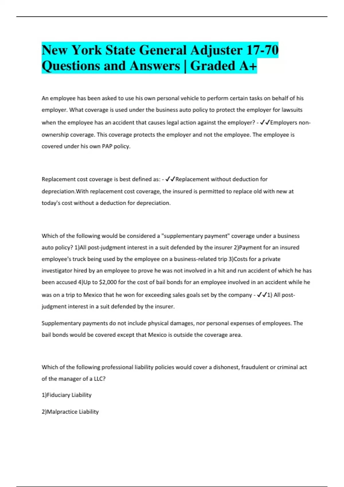 New York State General Adjuster 17-70 Questions and Answers | Graded A+ ...