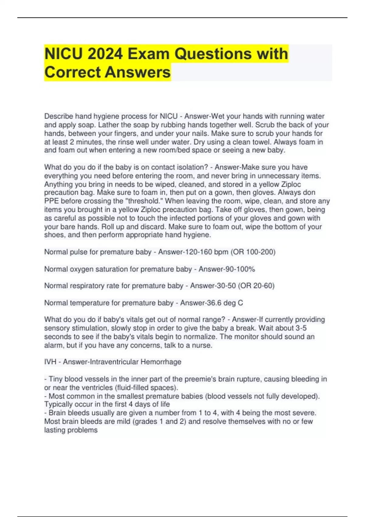 NICU 2024 Exam Questions with Correct Answers - NICU - Stuvia US