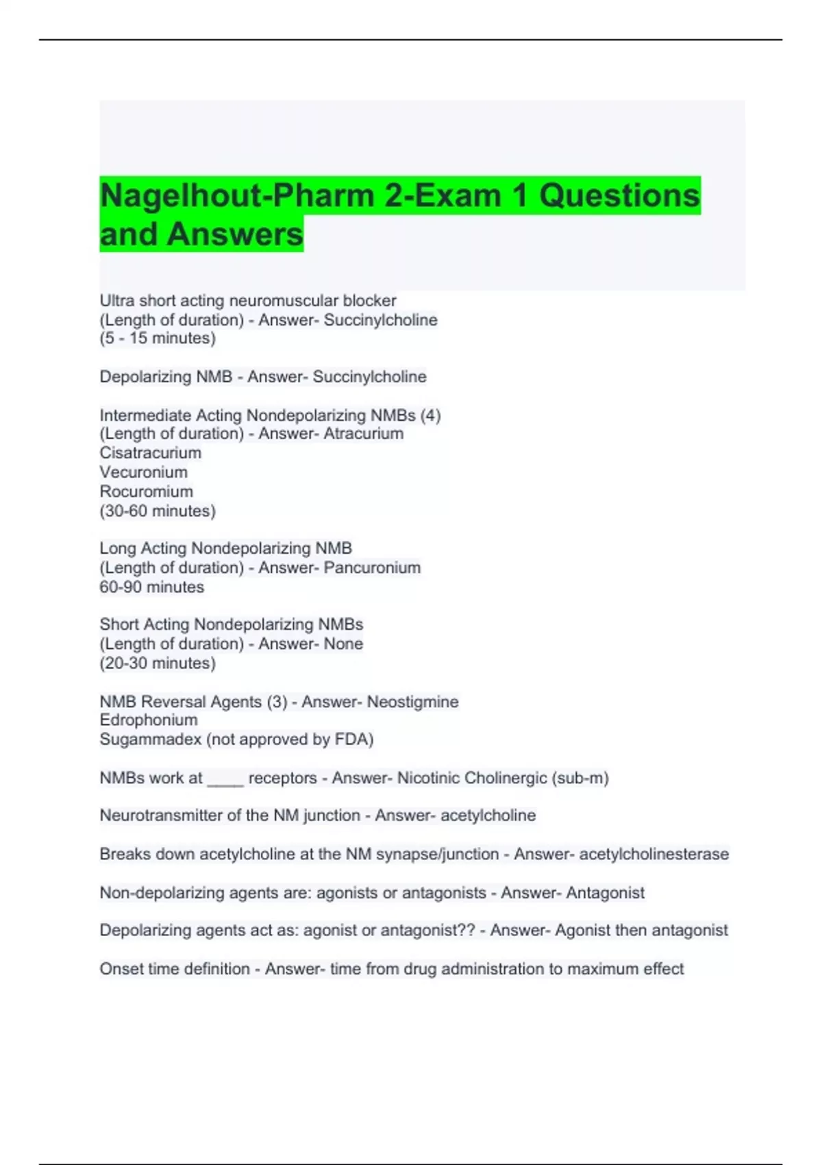 Nagelhout-Pharm 2-Exam 1 Questions and Answers 2024 - Nagelhout - Stuvia US
