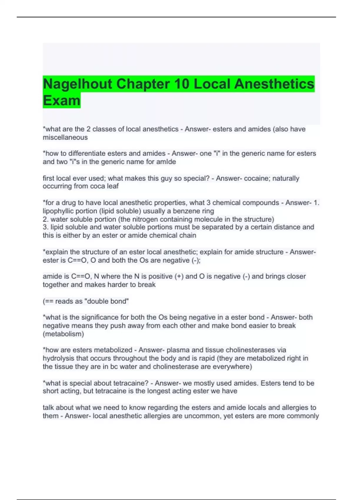 Nagelhout Chapter 10 Local Anesthetics Exam with correct Answers 100% ...