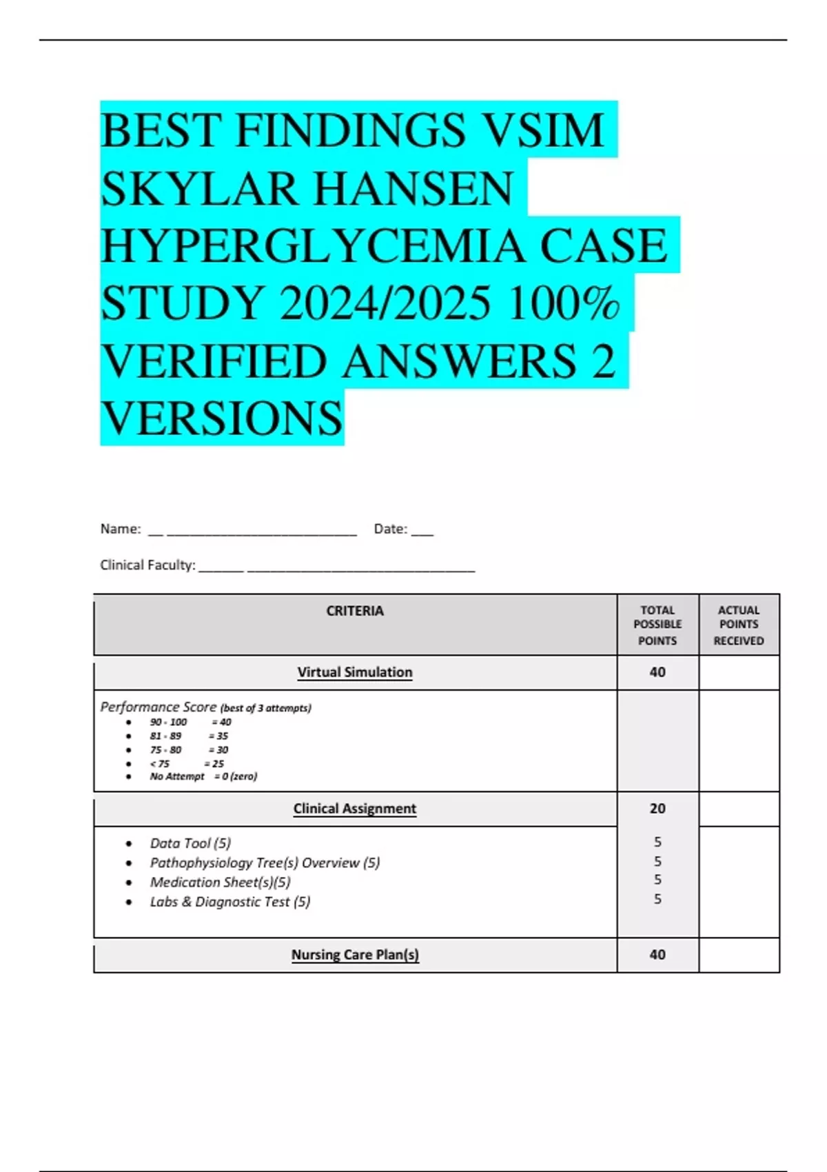 BEST FINDINGS VSIM SKYLAR HANSEN HYPERGLYCEMIA CASE STUDY 2024/2025 100% VERIFIED ANSWERS 2 ...