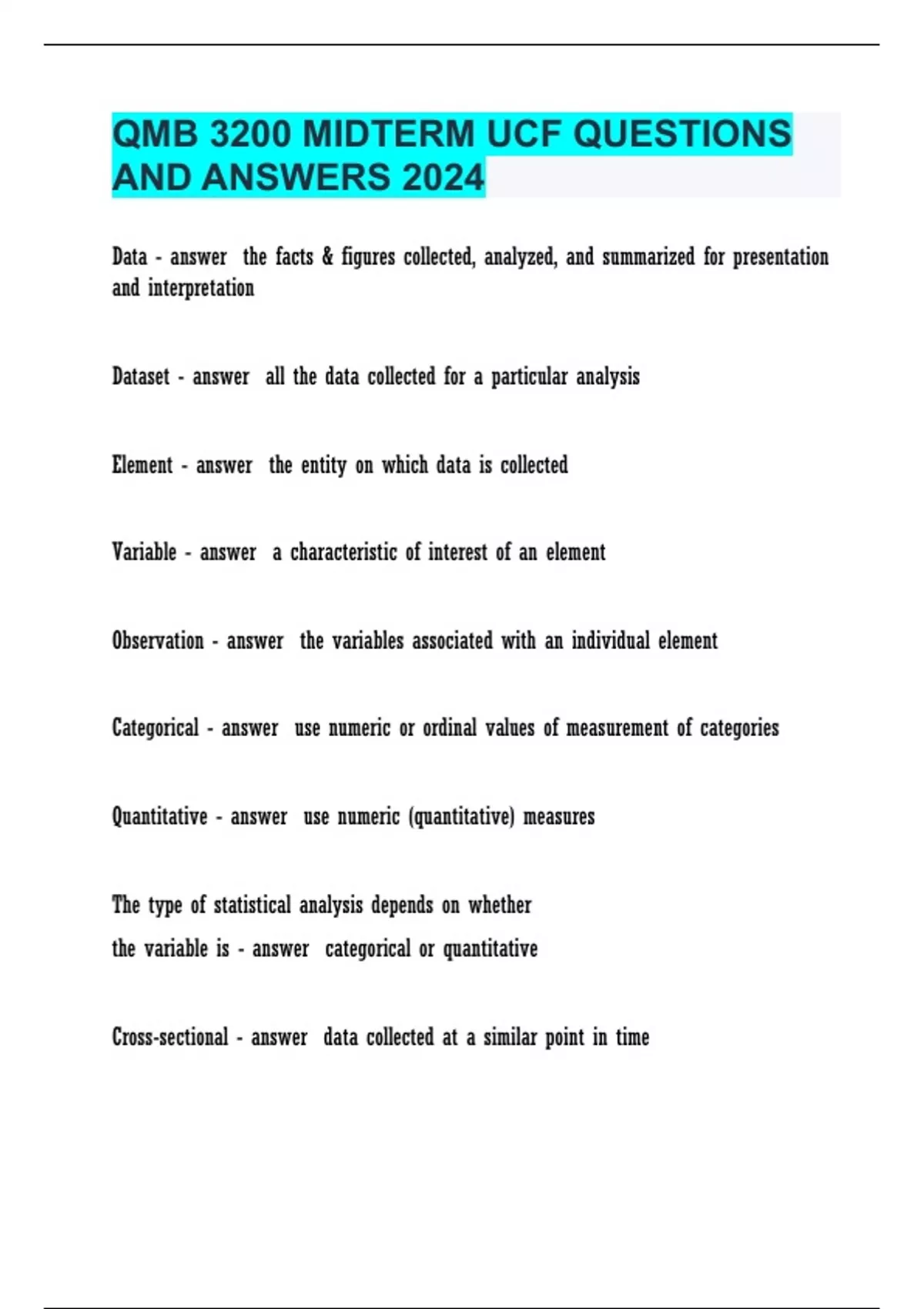 QMB 3200 MIDTERM UCF QUESTIONS AND ANSWERS 2024 - UCF QMB 3200 - Stuvia US