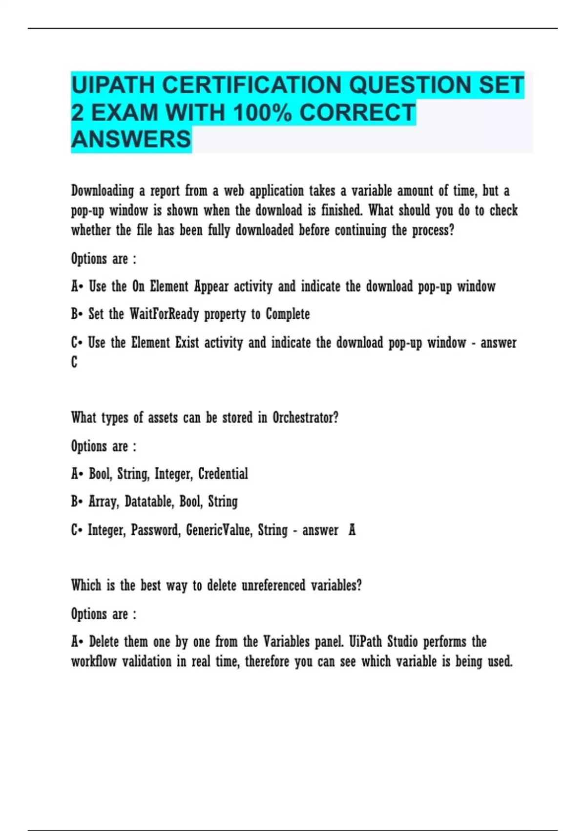 UIPATH CERTIFICATION QUESTION SET 2 EXAM WITH 100% CORRECT ANSWERS ...