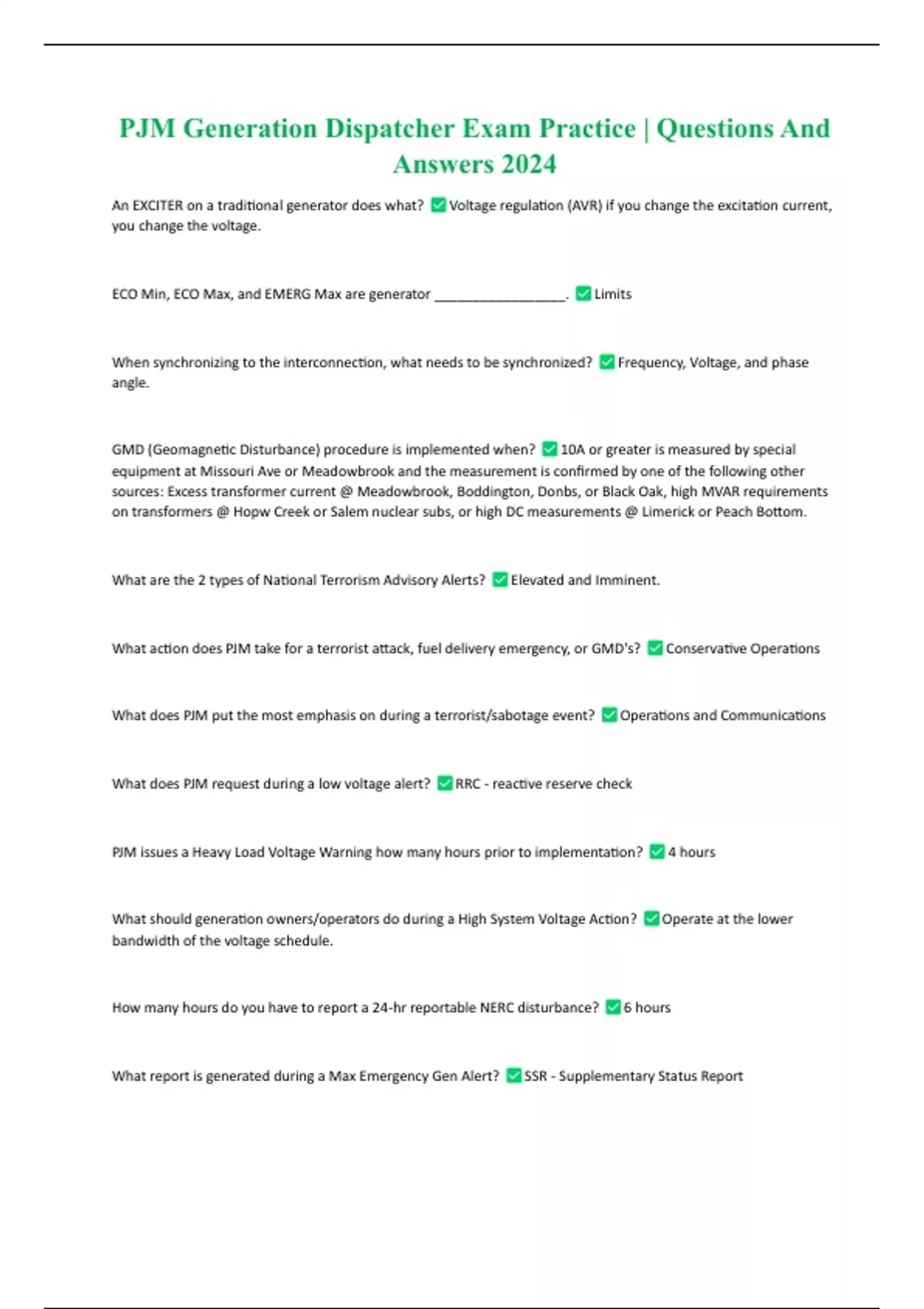PJM Generation Dispatcher Sample Exam | Complete Study Questions And ...