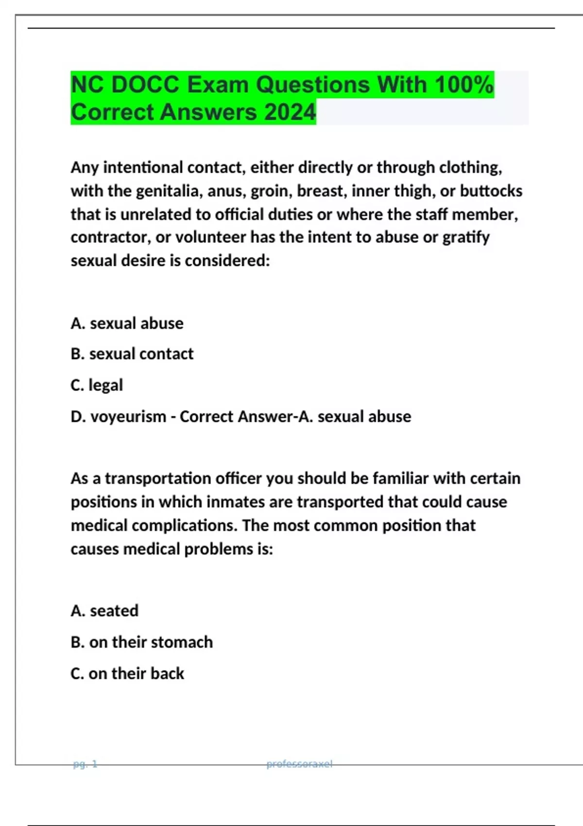 NC DOCC Exam Questions With 100% Correct Answers 2024 - Officer - Stuvia US