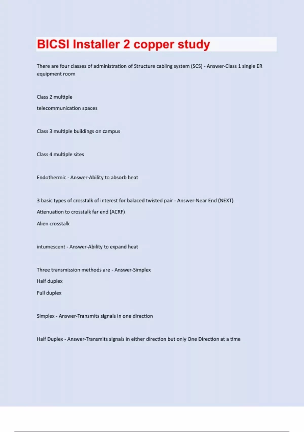 BICSI Installer 2 copper study Questions And Answers Rated A+ New Update Assured Satisfaction ...