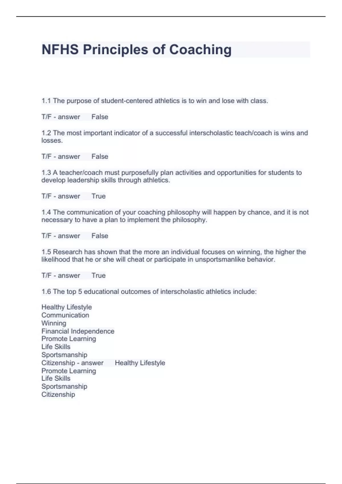 NFHS Principles of Coaching Questions and Answers 2024 - Nfhs - Stuvia US