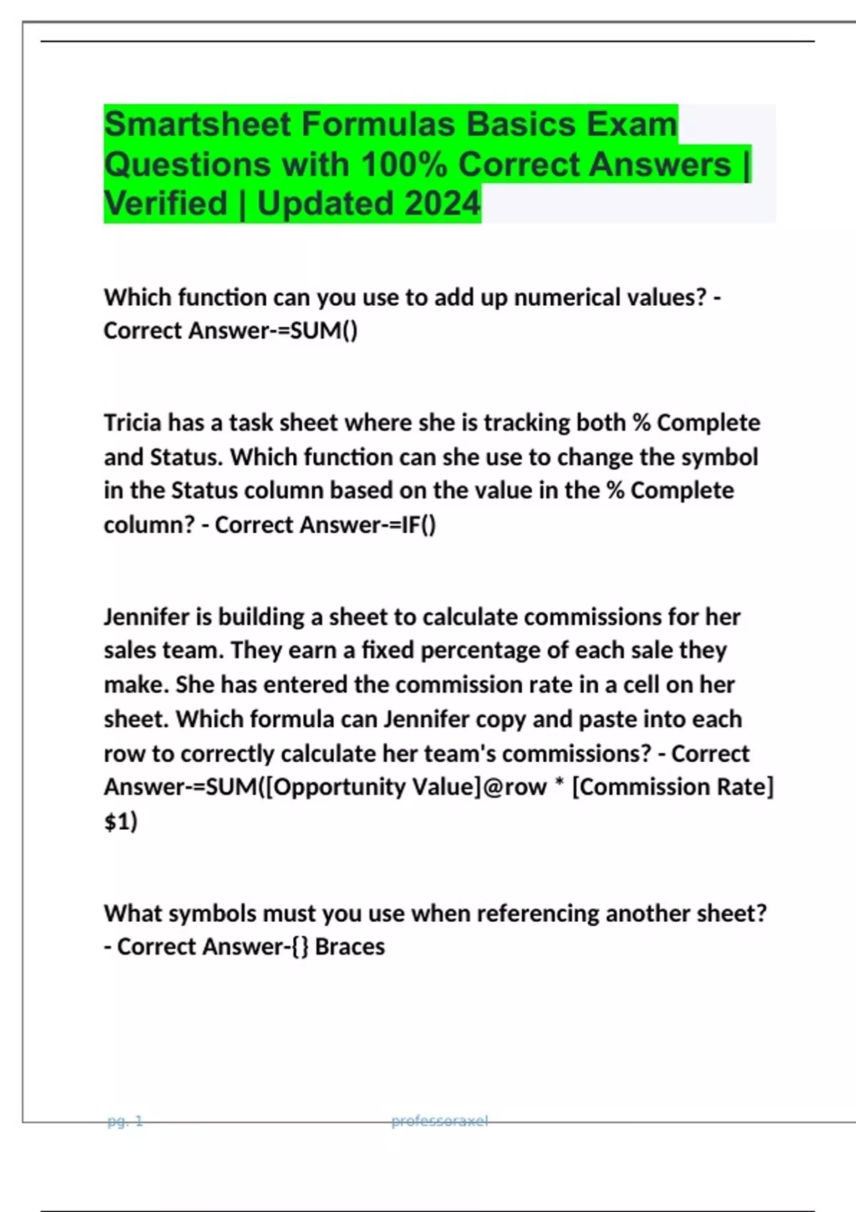 Smartsheet Formulas Basics Exam Questions with 100% Correct Answers | Verified | Updated 2024 ...