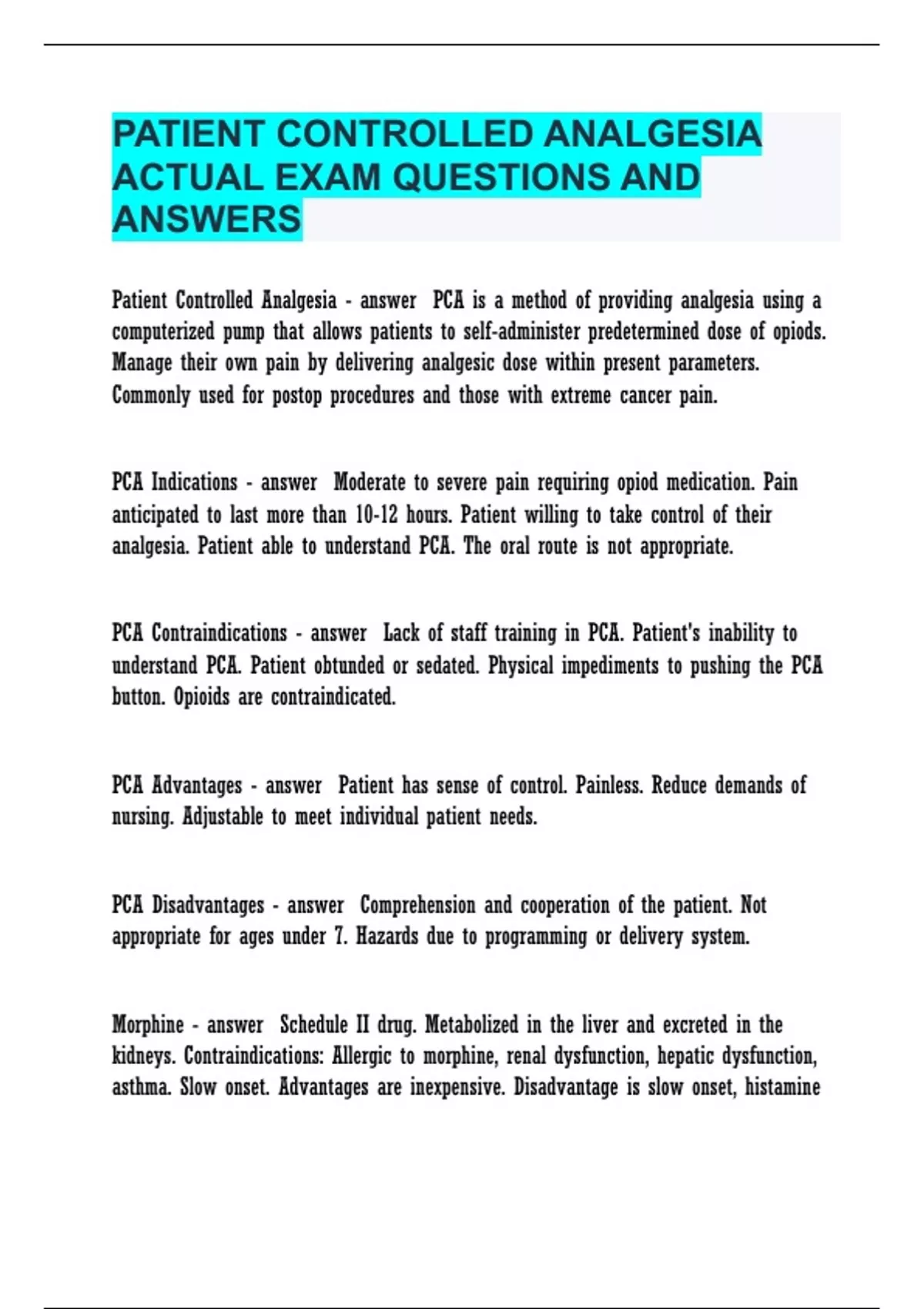 PATIENT CONTROLLED ANALGESIA ACTUAL EXAM QUESTIONS AND ANSWERS - PCA ...