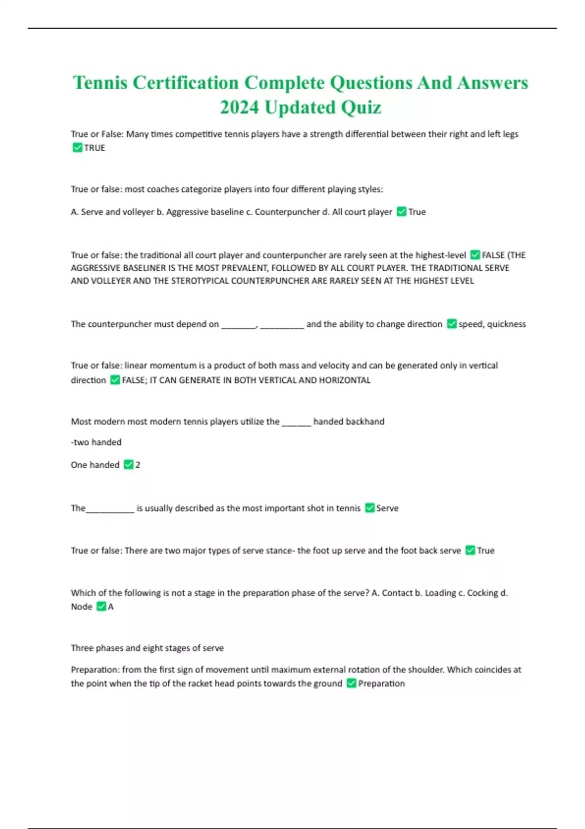 Tennis Certification Complete Questions And Answers 2024 Updated Quiz ...