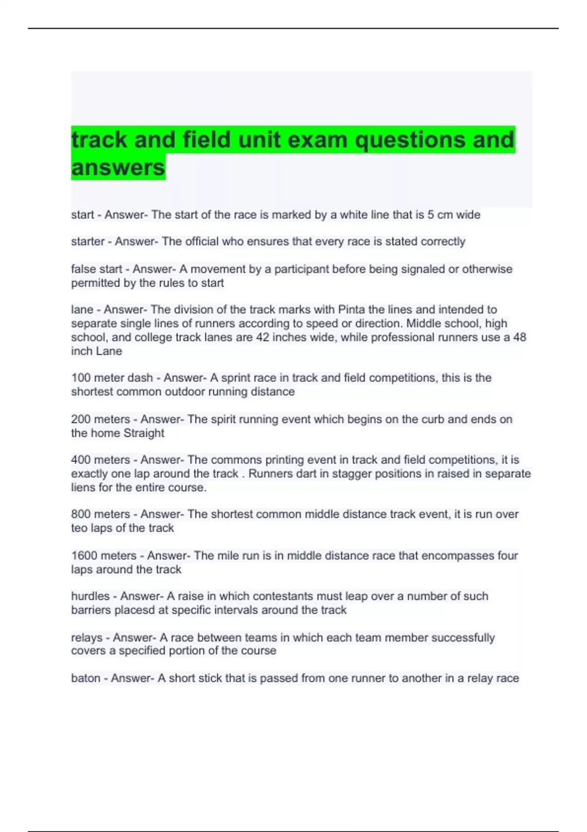 track and field unit exam questions and answers - Track and Field ...