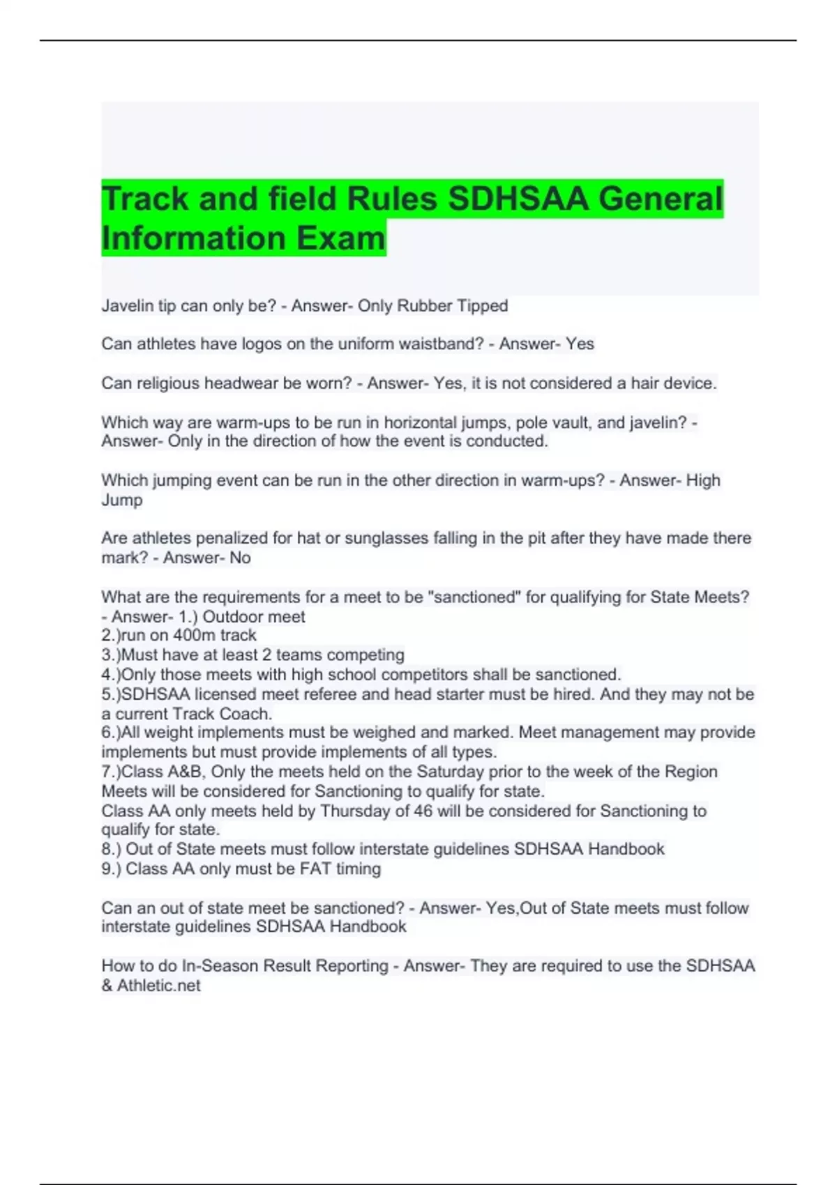 Track and field Rules SDHSAA General Information Exam - Track and Field ...
