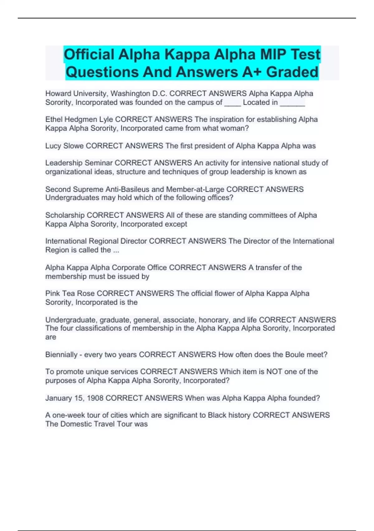 Official Alpha Kappa Alpha MIP Test Questions And Answers A+ Graded ...