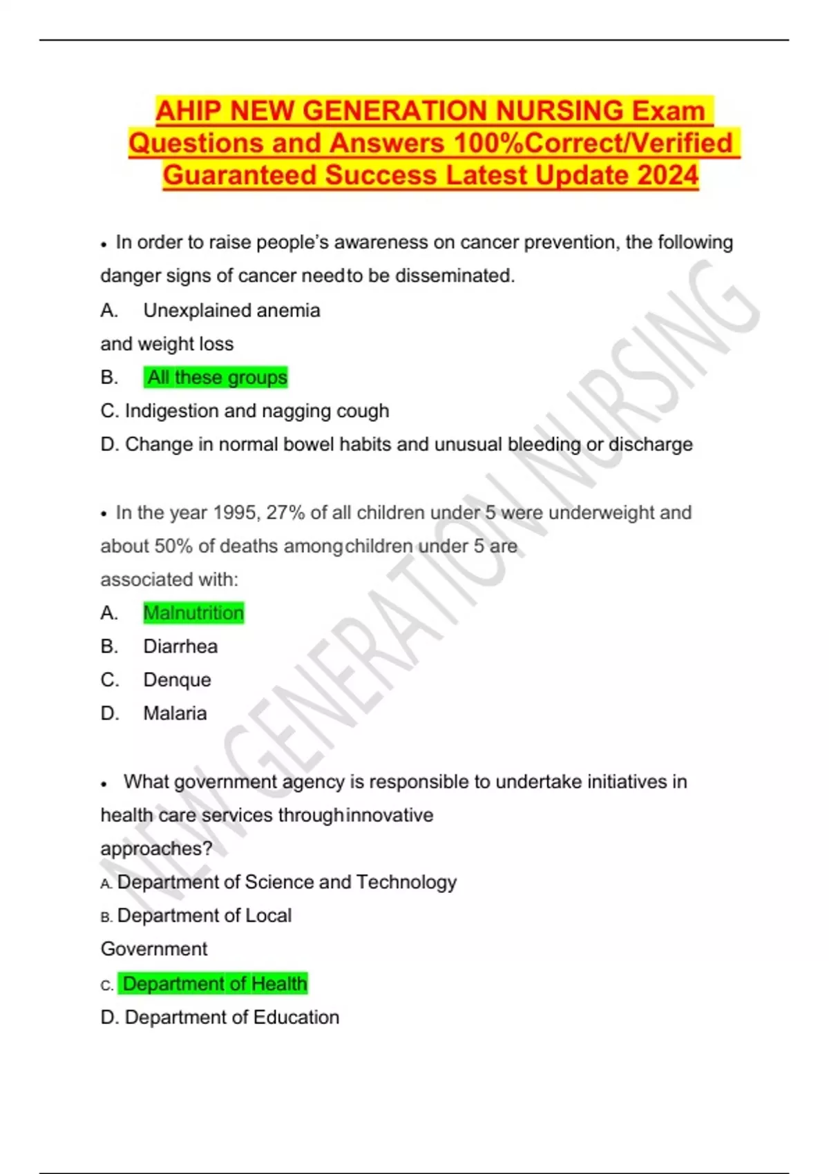 AHIP NEW GENERATION NURSING Exam Questions and Answers 100%Correct ...