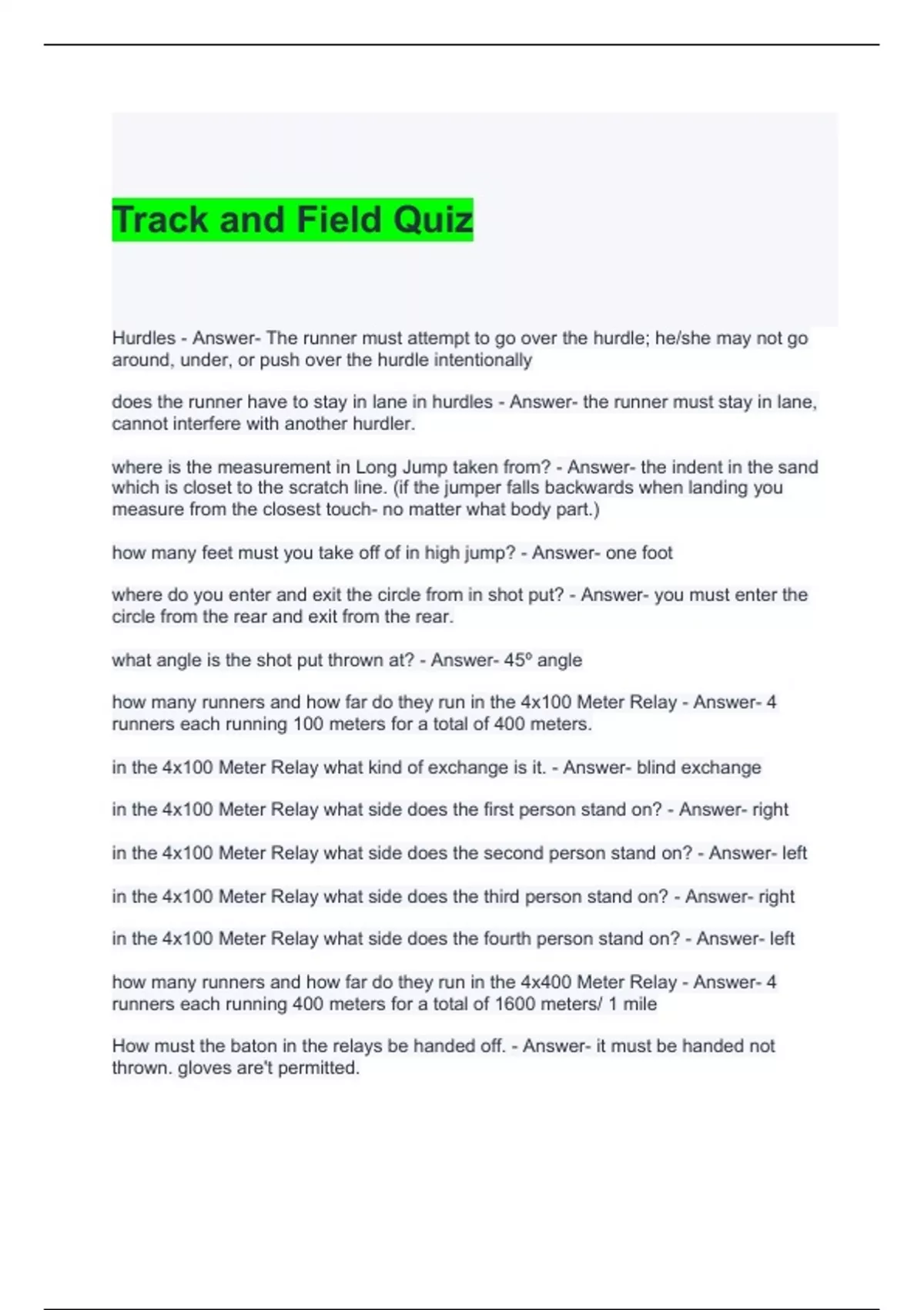 Track and Field Quiz-solved - Track and Field - Stuvia US