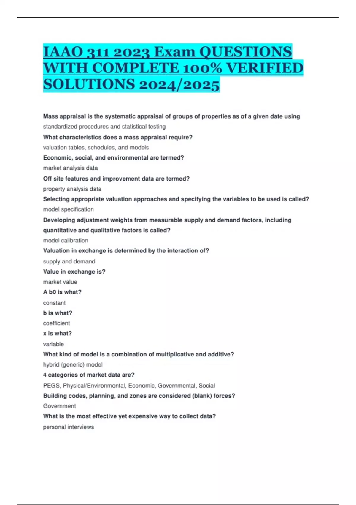 IAAO 311 2023 Exam QUESTIONS WITH COMPLETE 100% VERIFIED SOLUTIONS 2024 ...