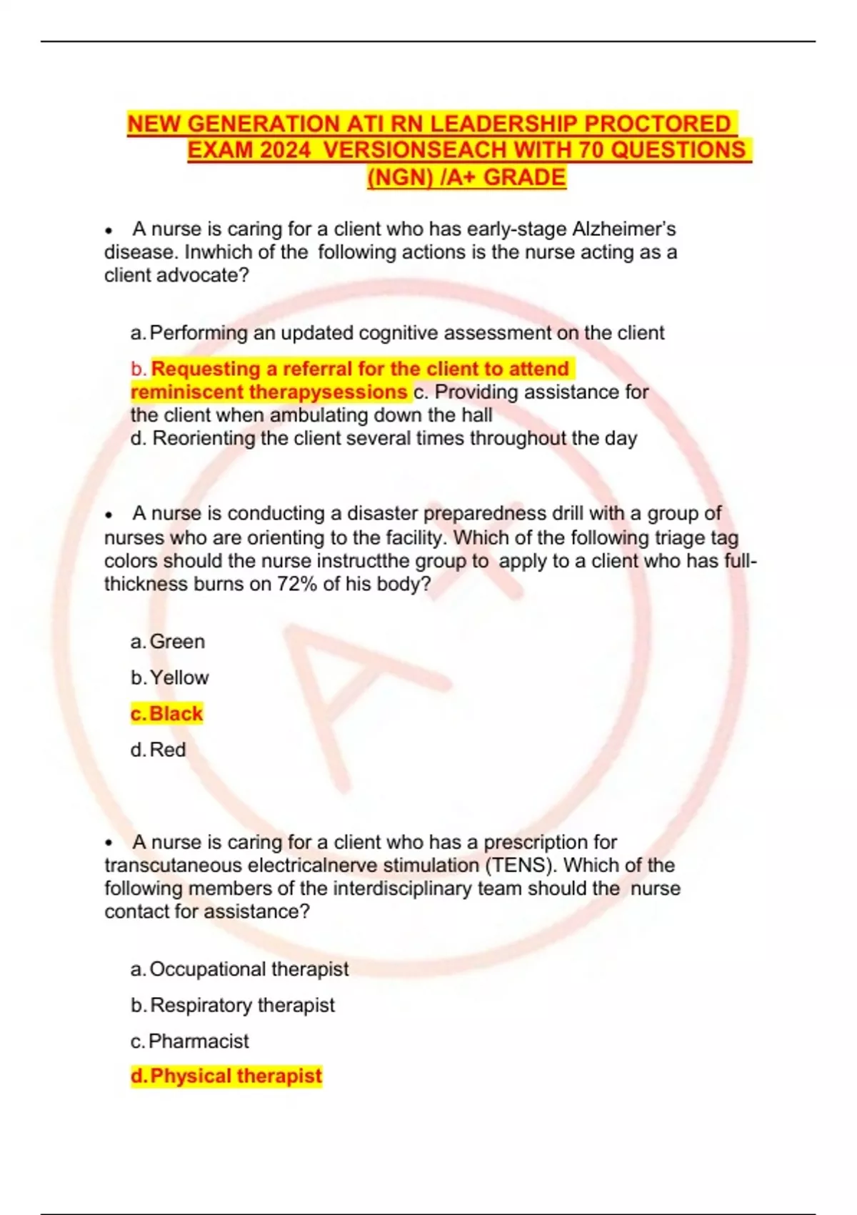 NEW GENERATION ATI RN LEADERSHIP PROCTORED EXAM 2024 VERSIONS EACH WITH ...