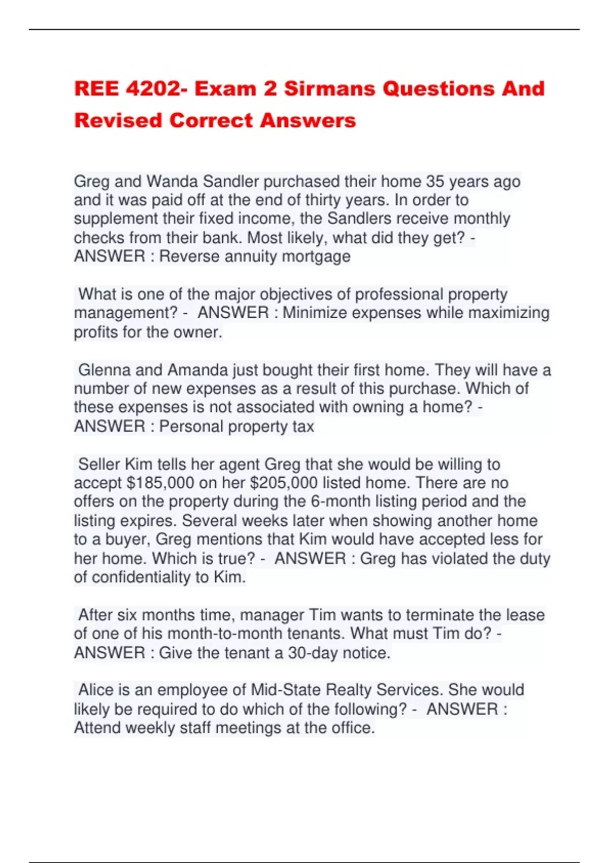 REE 4202- Exam 2 Sirmans Questions And Revised Correct Answers - REE ...