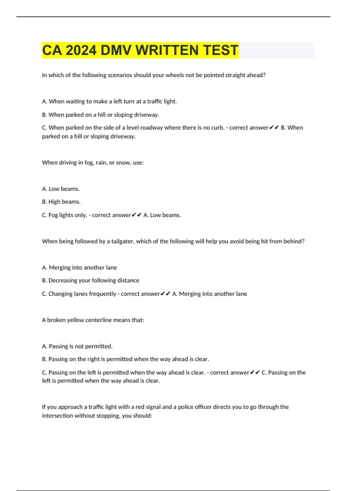 CA 2024 DMV WRITTEN TEST - CA 2024 DMV - Stuvia US