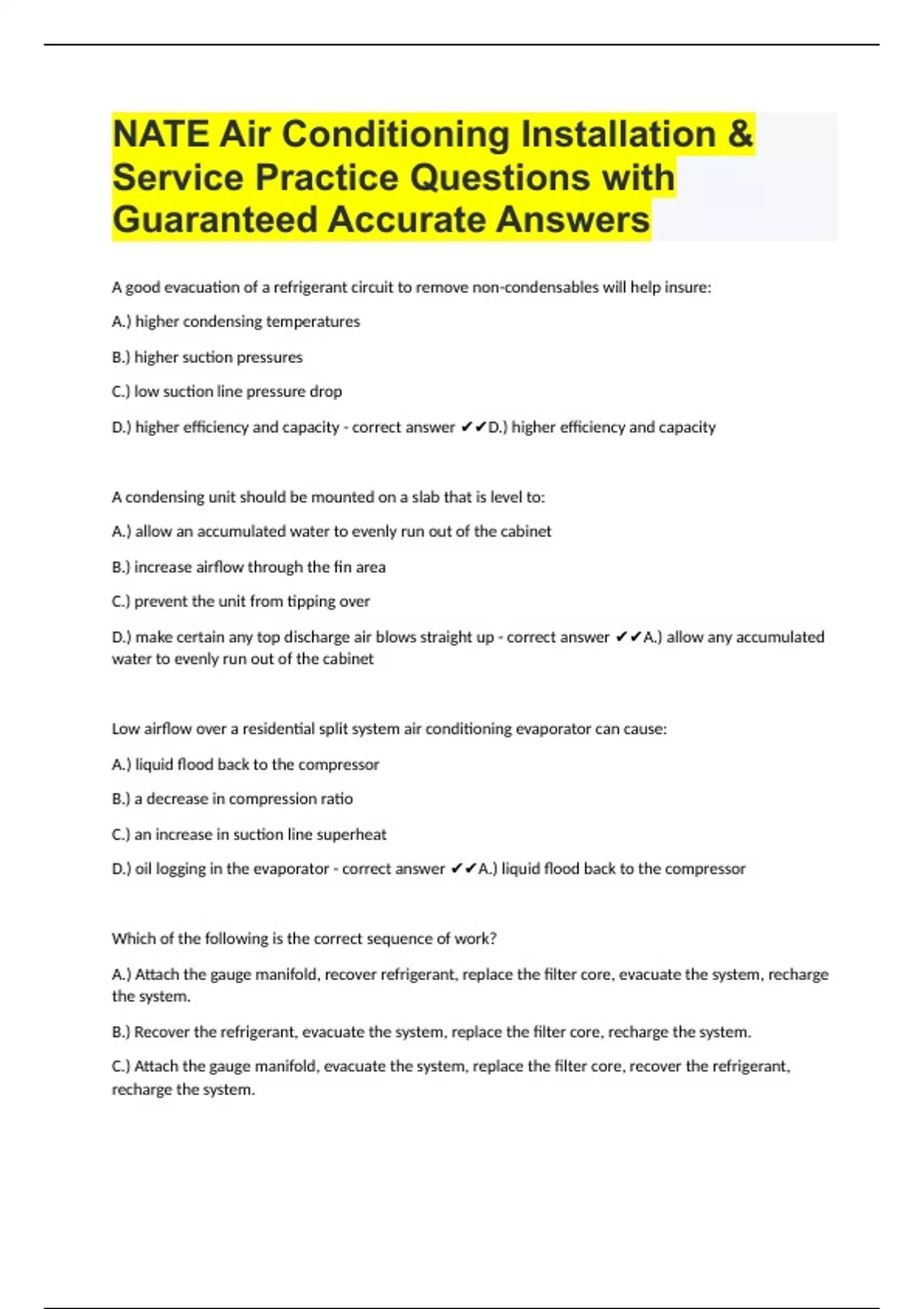 NATE Air Conditioning Installation & Service Practice Questions with ...
