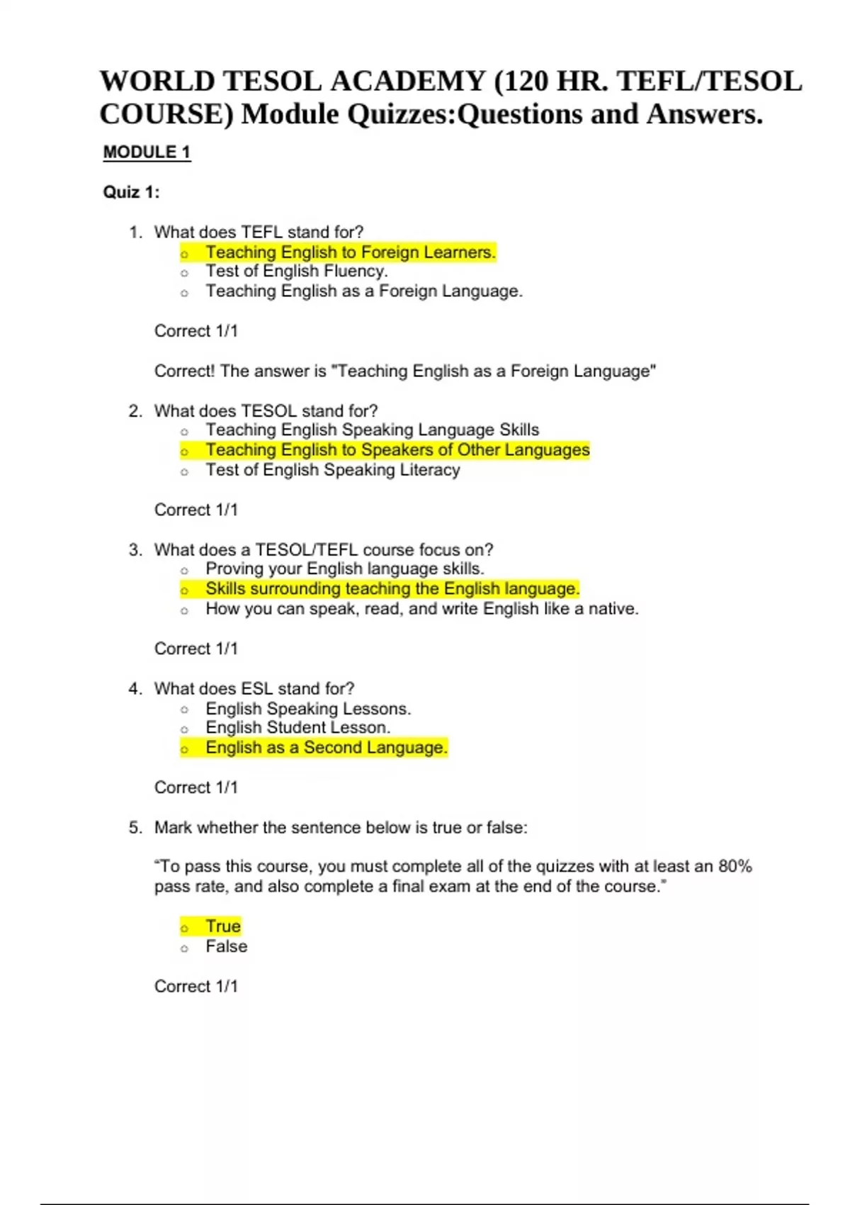 WORLD TESOL ACADEMY (120 HR. TEFL/TESOL COURSE) Module Quizzes ...