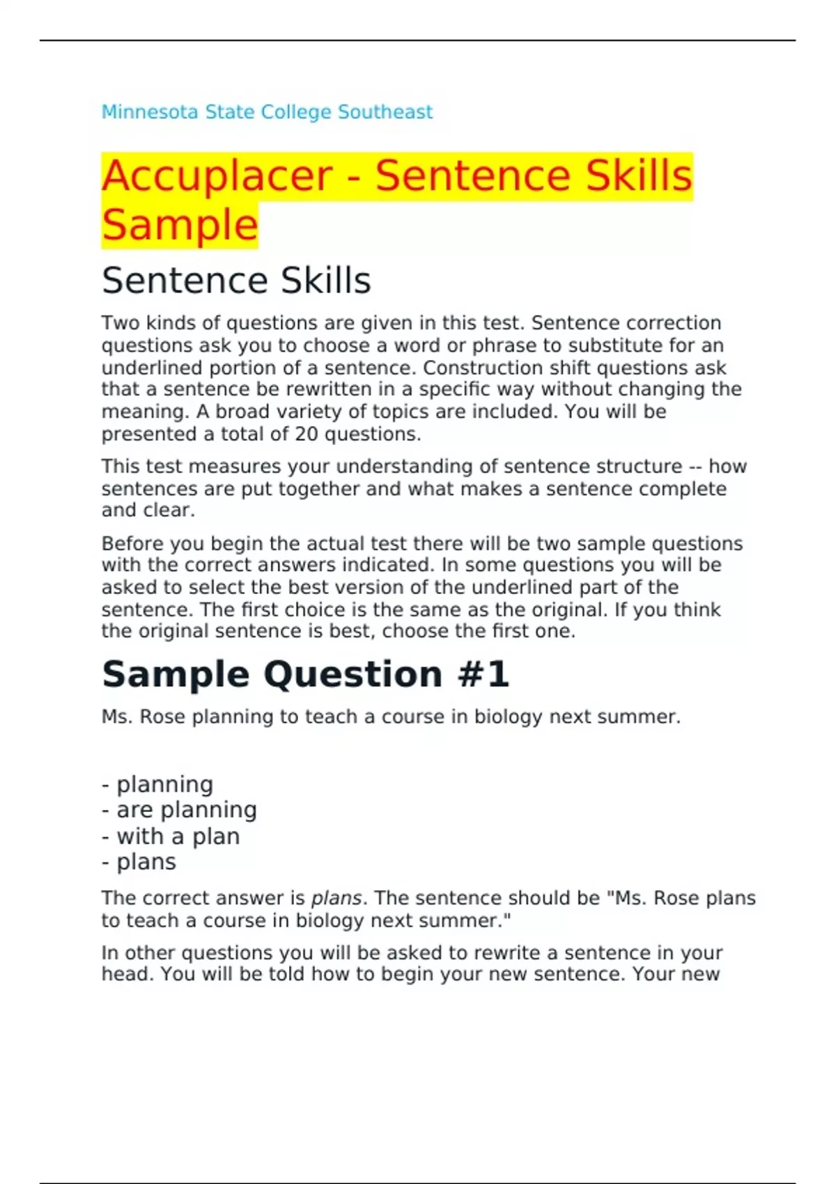 Minnesota State College Southeast Accuplacer - Sentence Skills Sample ...