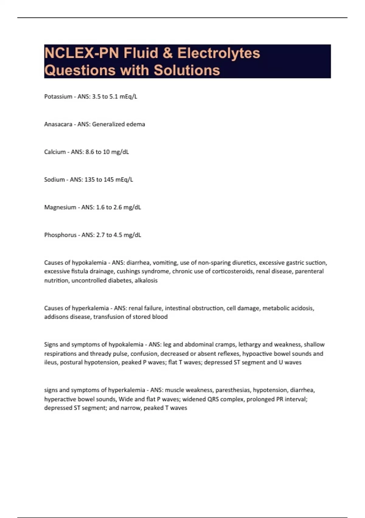 NCLEX-PN Fluid & Electrolytes Questions with Solutions - NCLEX ...