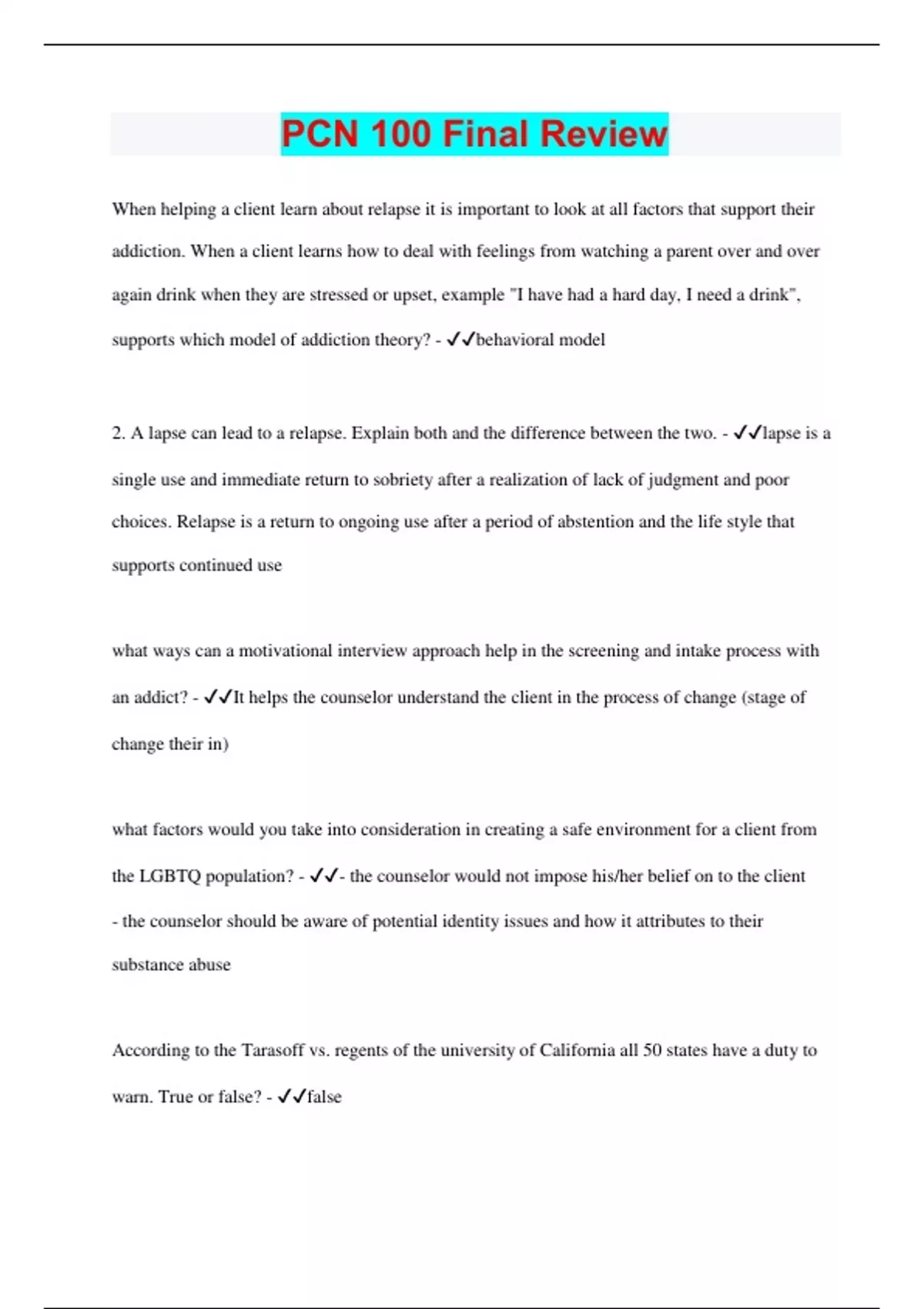 PCN 100 Final Review - PCN 100 - Stuvia US