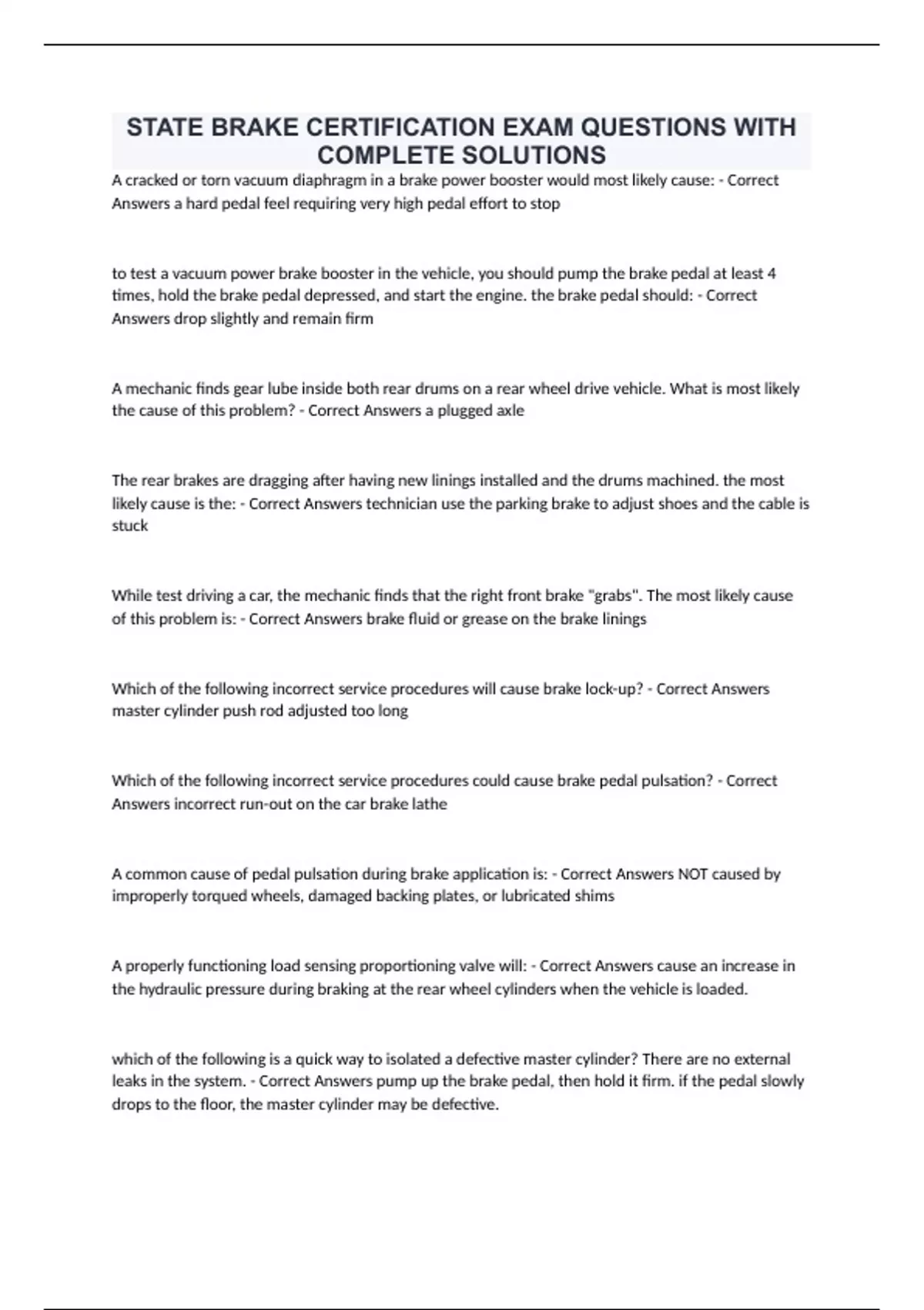 STATE BRAKE CERTIFICATION EXAM QUESTIONS WITH COMPLETE SOLUTIONS ...