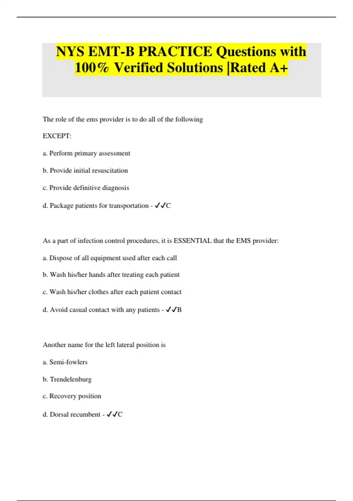 NYS EMT-B PRACTICE Questions with 100% Verified Solutions |Rated A+ - NYS EMT-B PRACTICE - Stuvia US