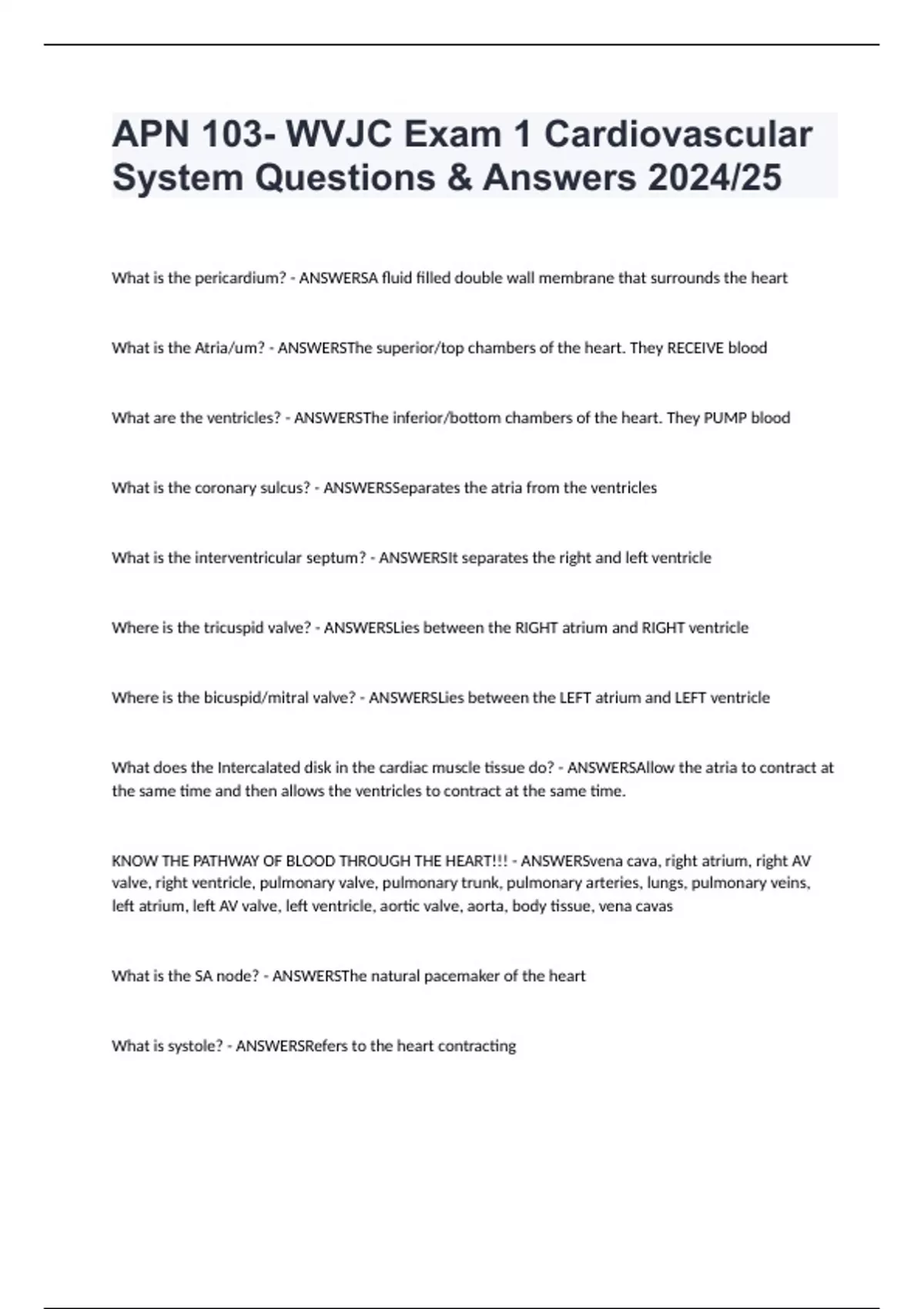 APN 103- WVJC Exam 1 Cardiovascular System Questions & Answers 2024/25 ...