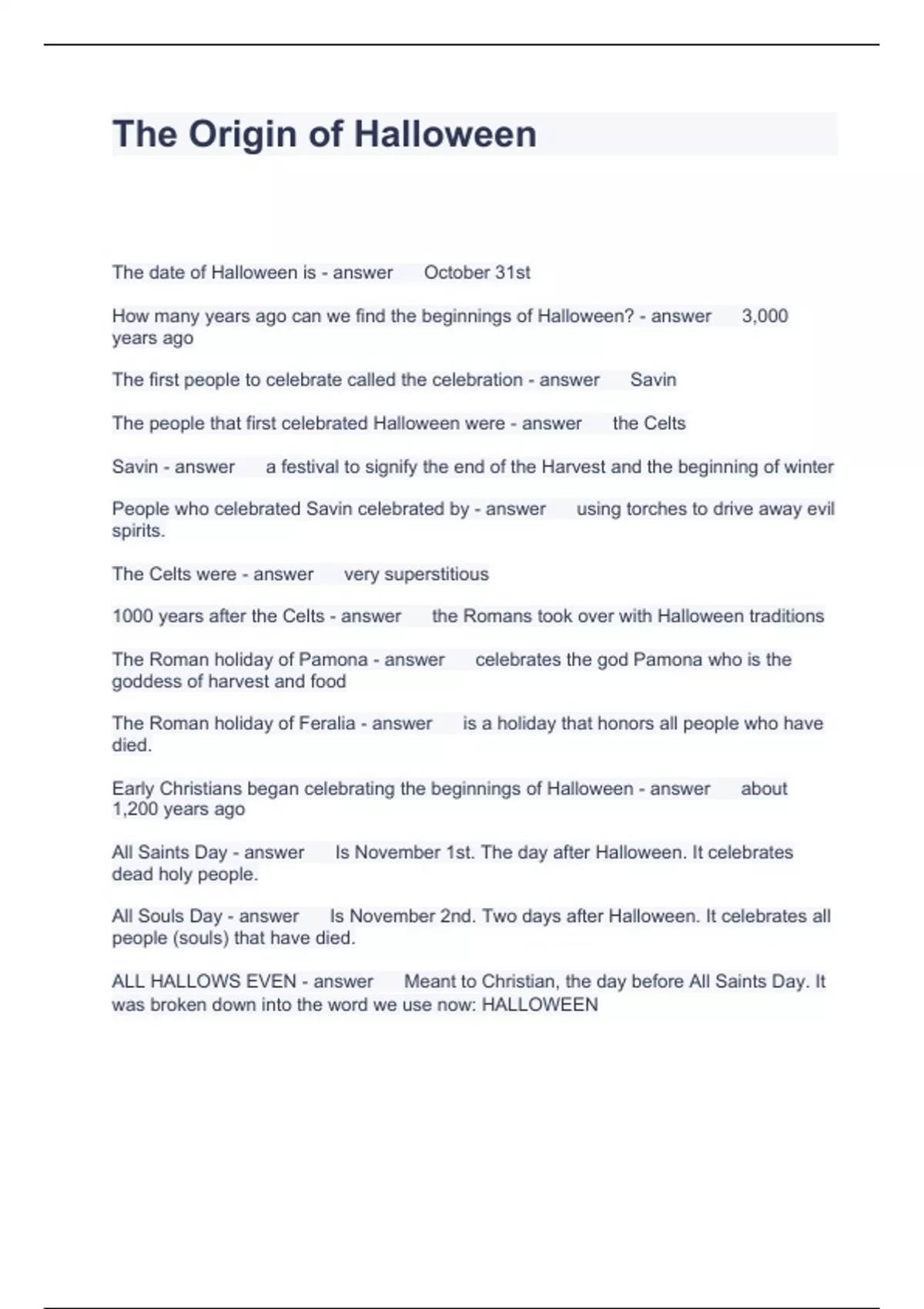 The Origin of Halloween Questions with correct Answers 2024 - Halloween ...