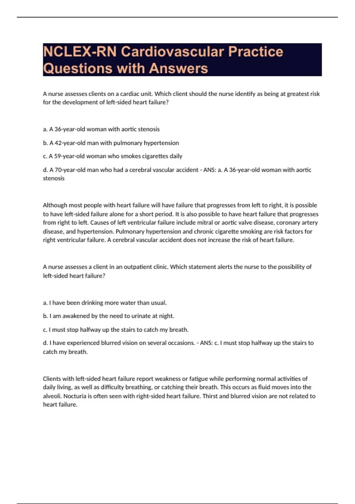 NCLEX-RN Cardiovascular Practice Questions with Answers - NCLEX ...