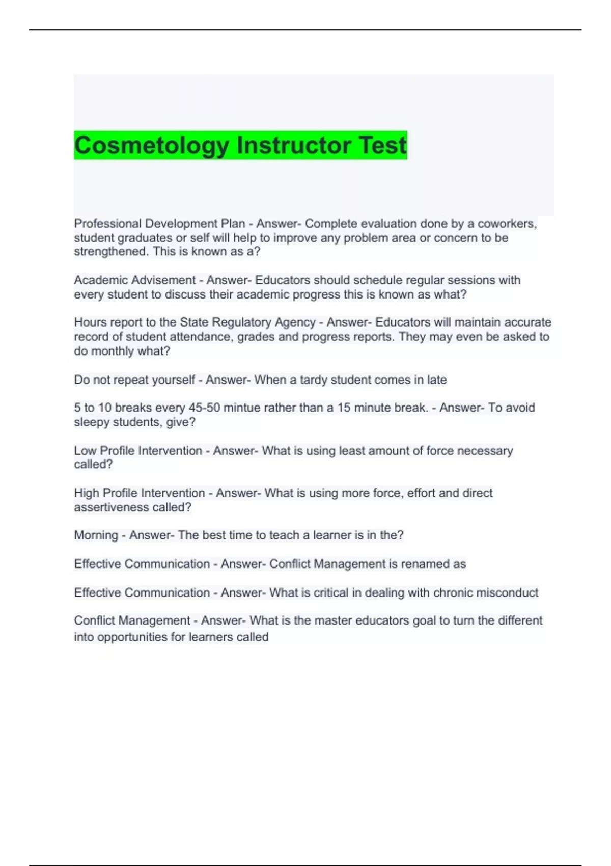 Cosmetology Instructor Test 100% correct Answers - COSMETOLOGY ...